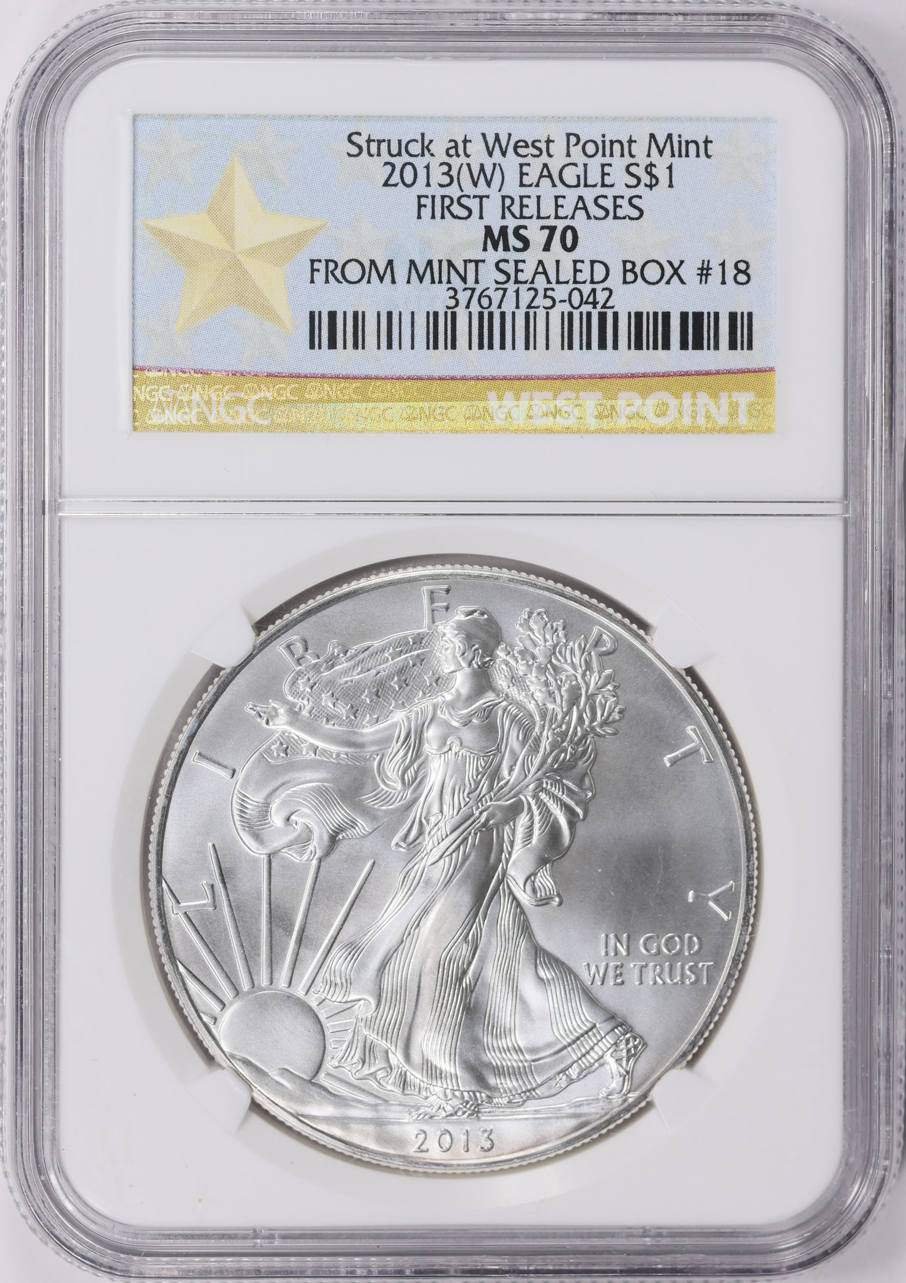 2013-(W) $1 Silver Eagle First Releases Struck at West Point From Mint Sealed Box #18 NGC MS-70 ...