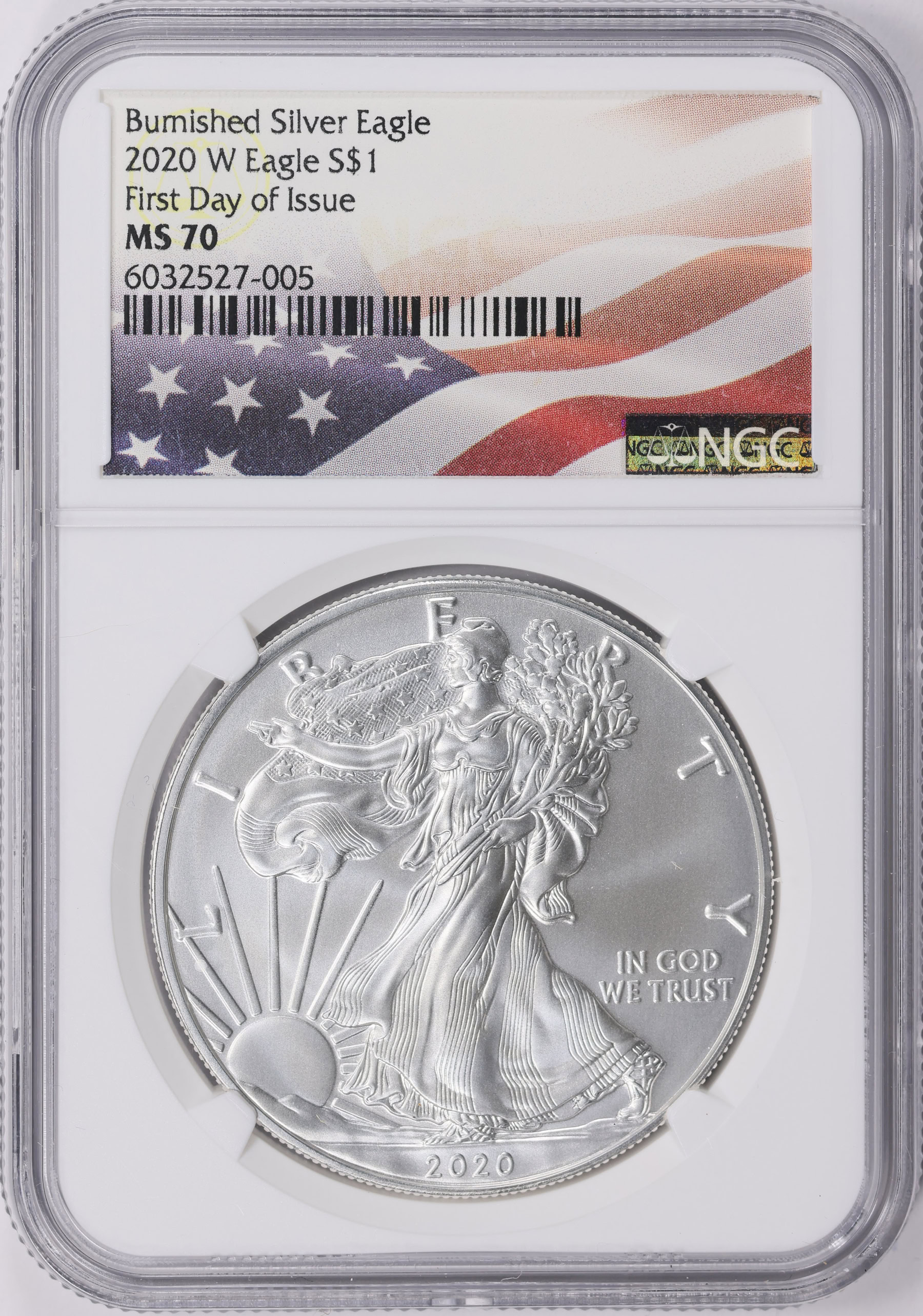 2020-W $1 Silver Eagle First Day of Issue Burnished NGC MS-70 (Flag Label) (Item 1797023 ...