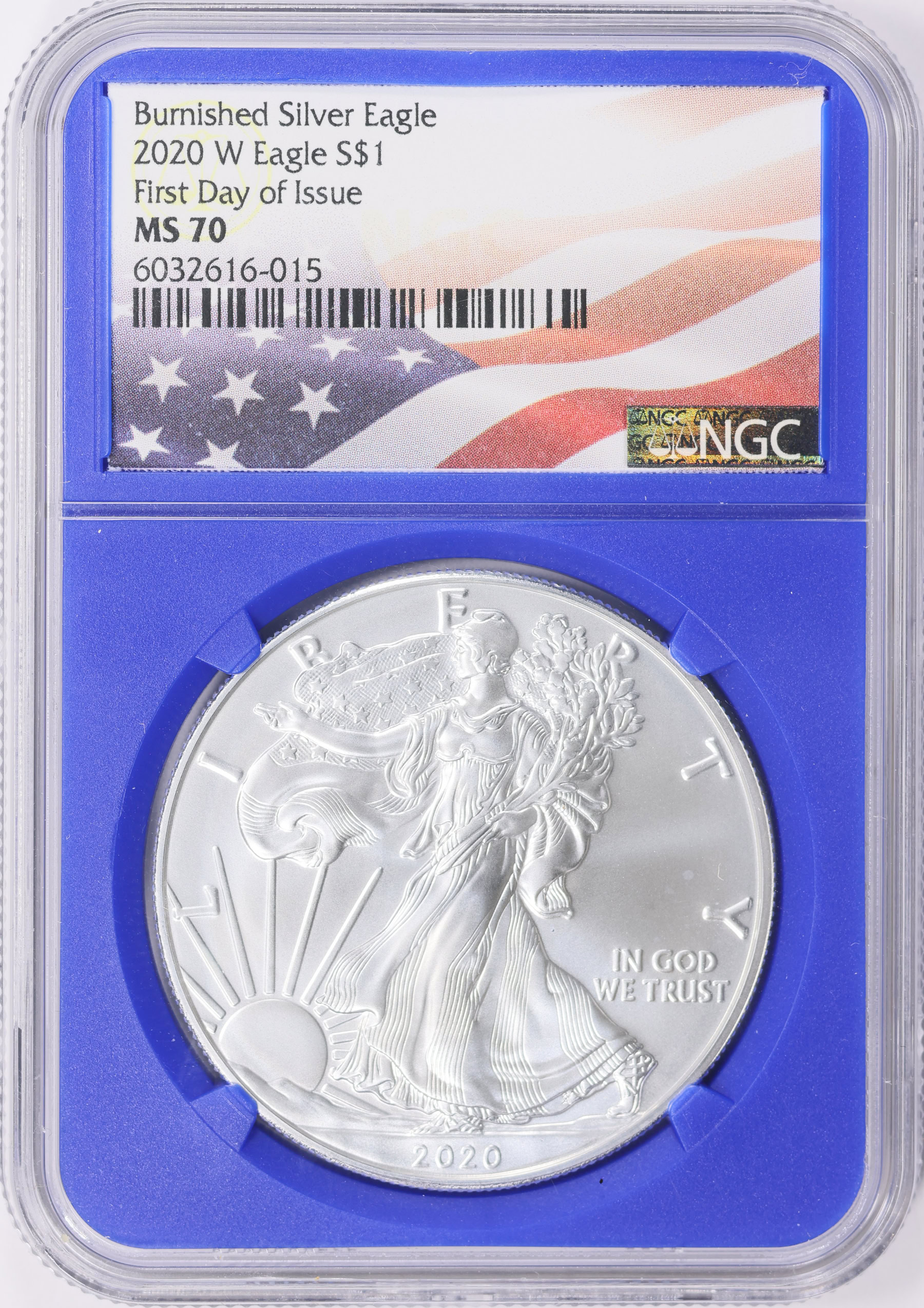 2020-W $1 Silver Eagle First Day of Issue Burnished NGC MS-70 (Flag Label) (Blue Frame Holder ...