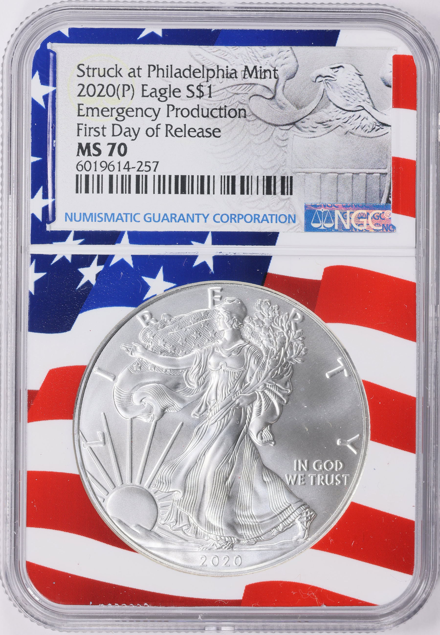 2020-(P) $1 Silver Eagle Emergency Production Struck at Philadelphia First Day of Release NGC MS ...