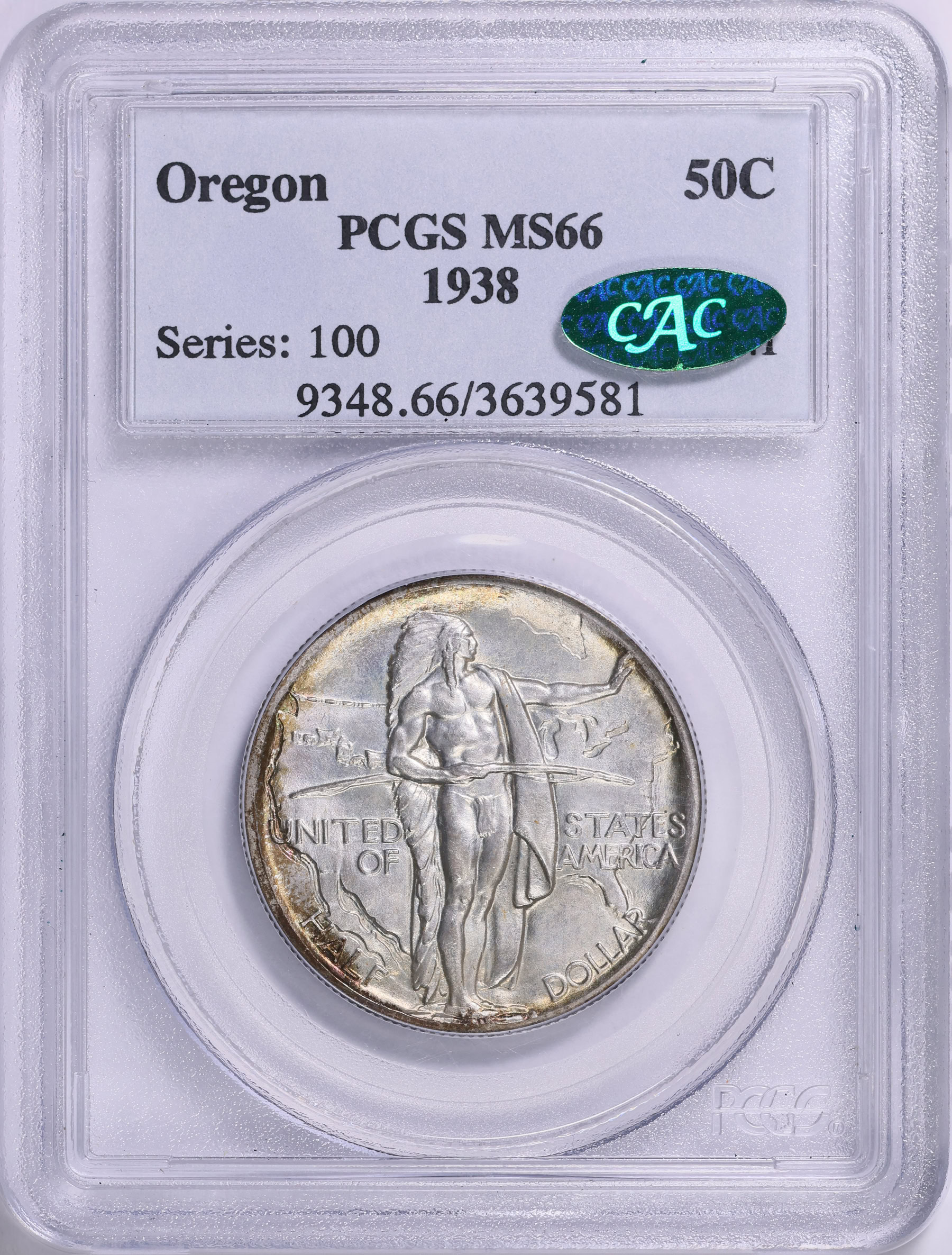 1938 Oregon Trail Memorial Half Dollar PCGS MS-66 (CAC Green) (Toned) (Item 1797093 ...
