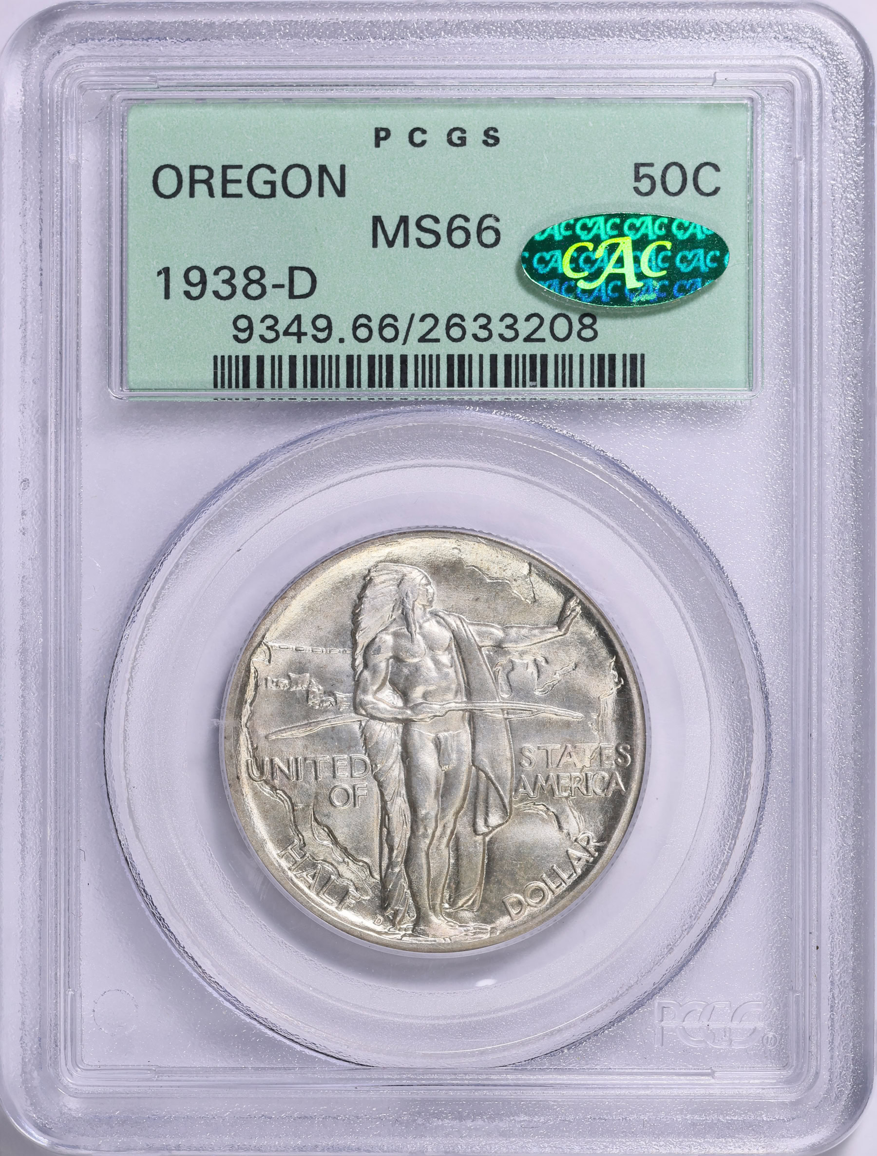 1938-D Oregon Trail Memorial Half Dollar PCGS MS-66 (CAC Green) OGH (Item 1797094 ...