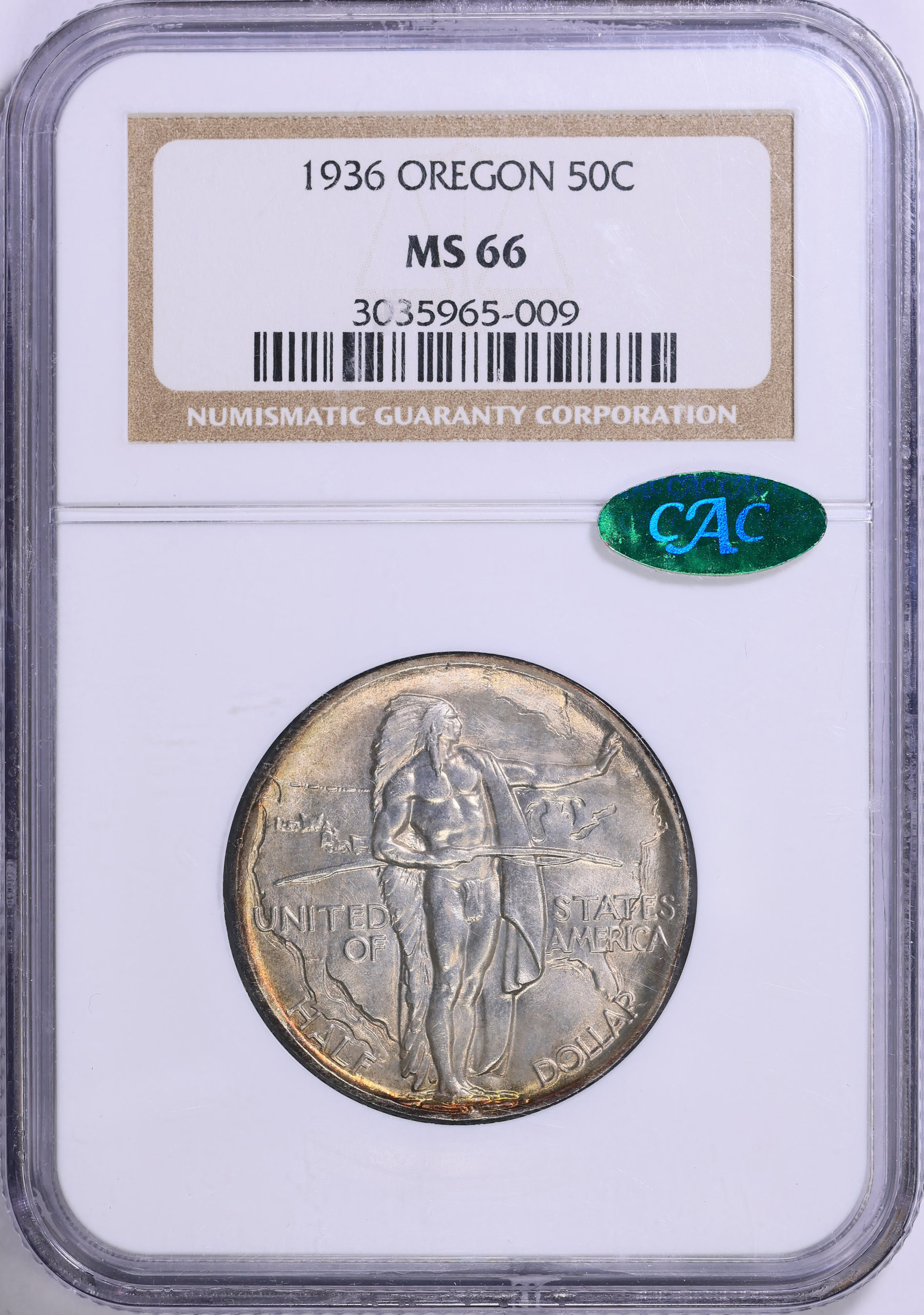 1936 Oregon Trail Memorial Half Dollar NGC MS-66 (CAC Green) (Toned) (Item 1797106 ...