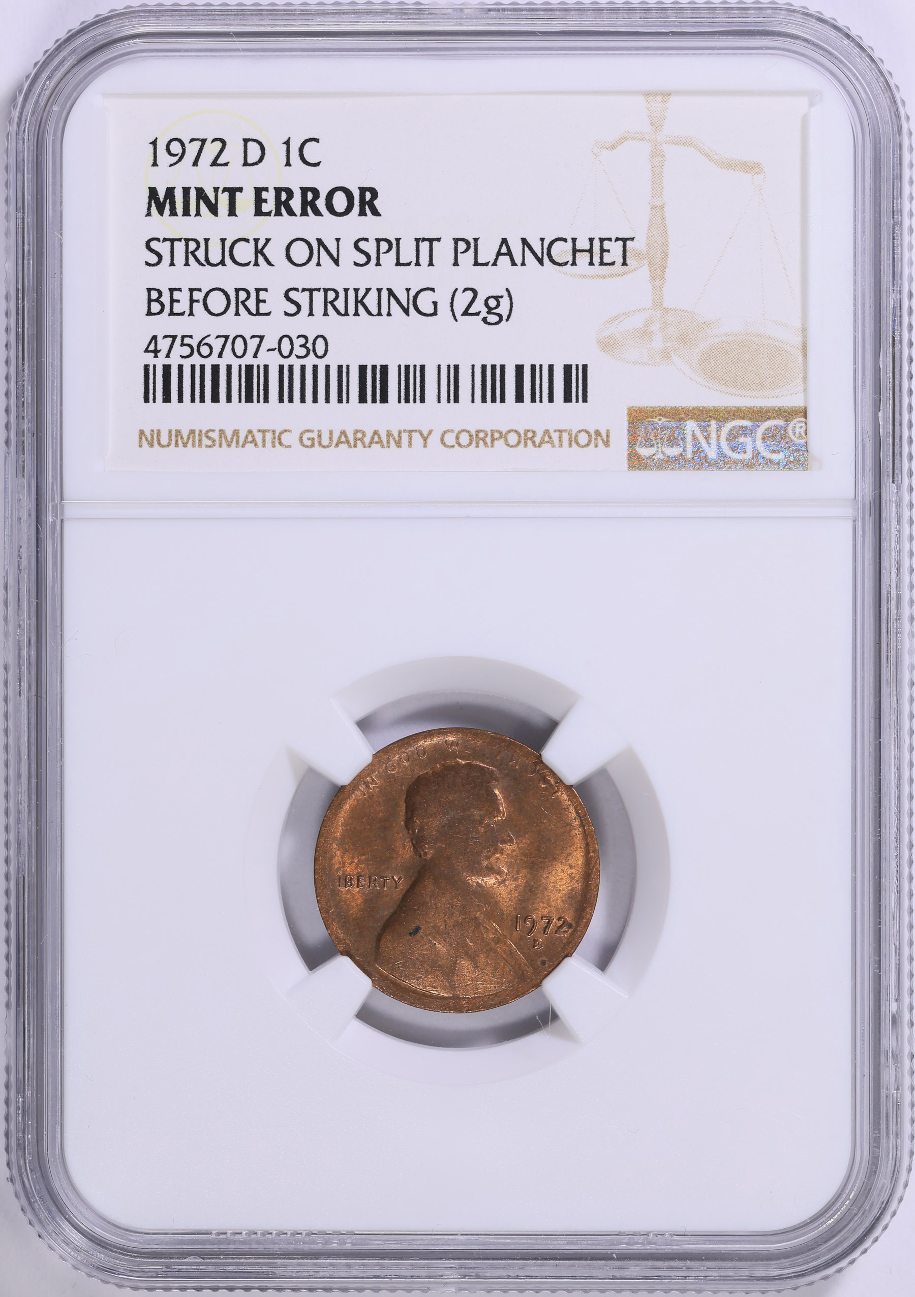 Mint Error 1972-D Lincoln Cent Struck on Split Planchet Before Striking (2g) NGC Certified | NGC ...