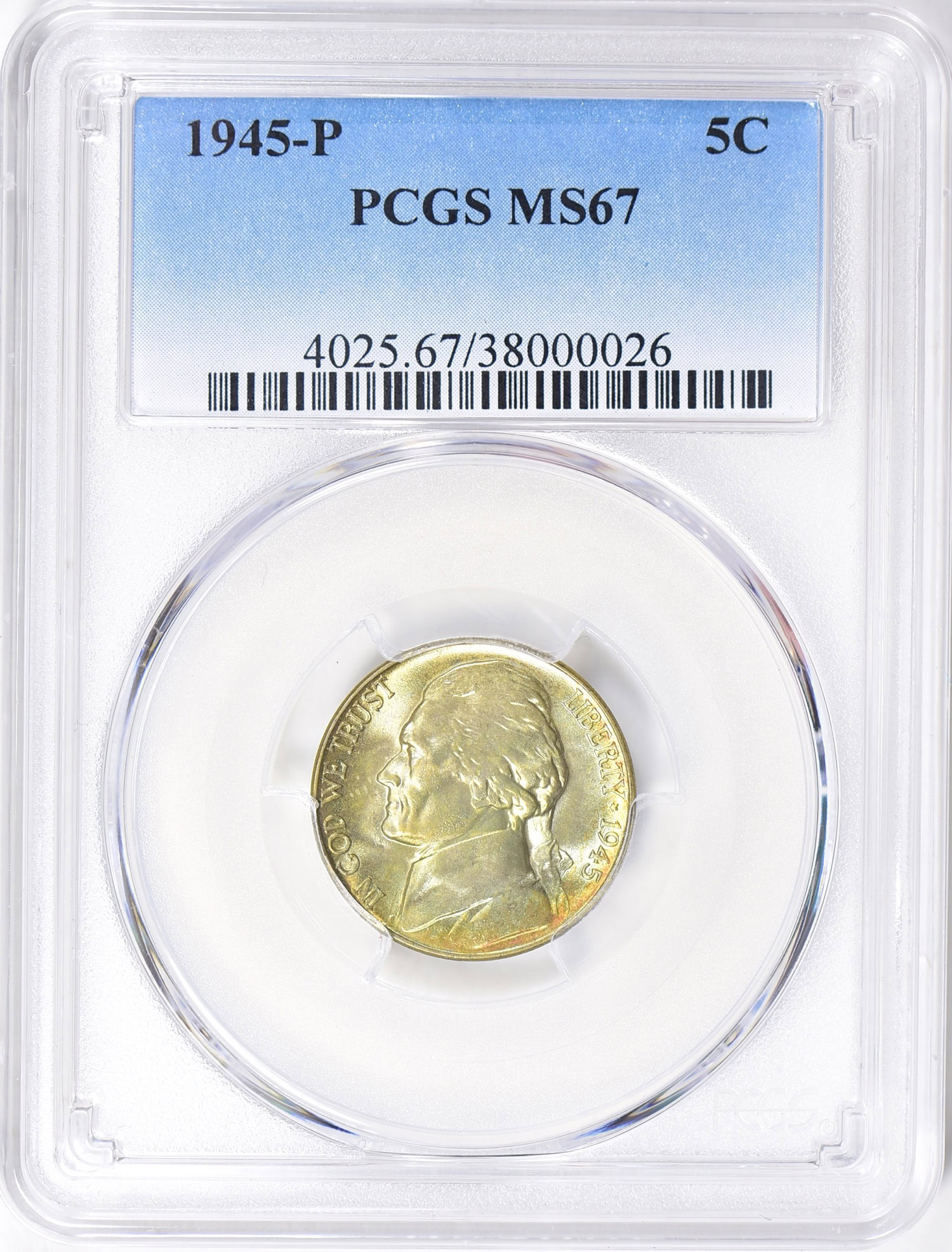 1945-P Jefferson Nickel PCGS MS-67 (Toned) (Item 1797299) | GreatCollections Coin Auctions