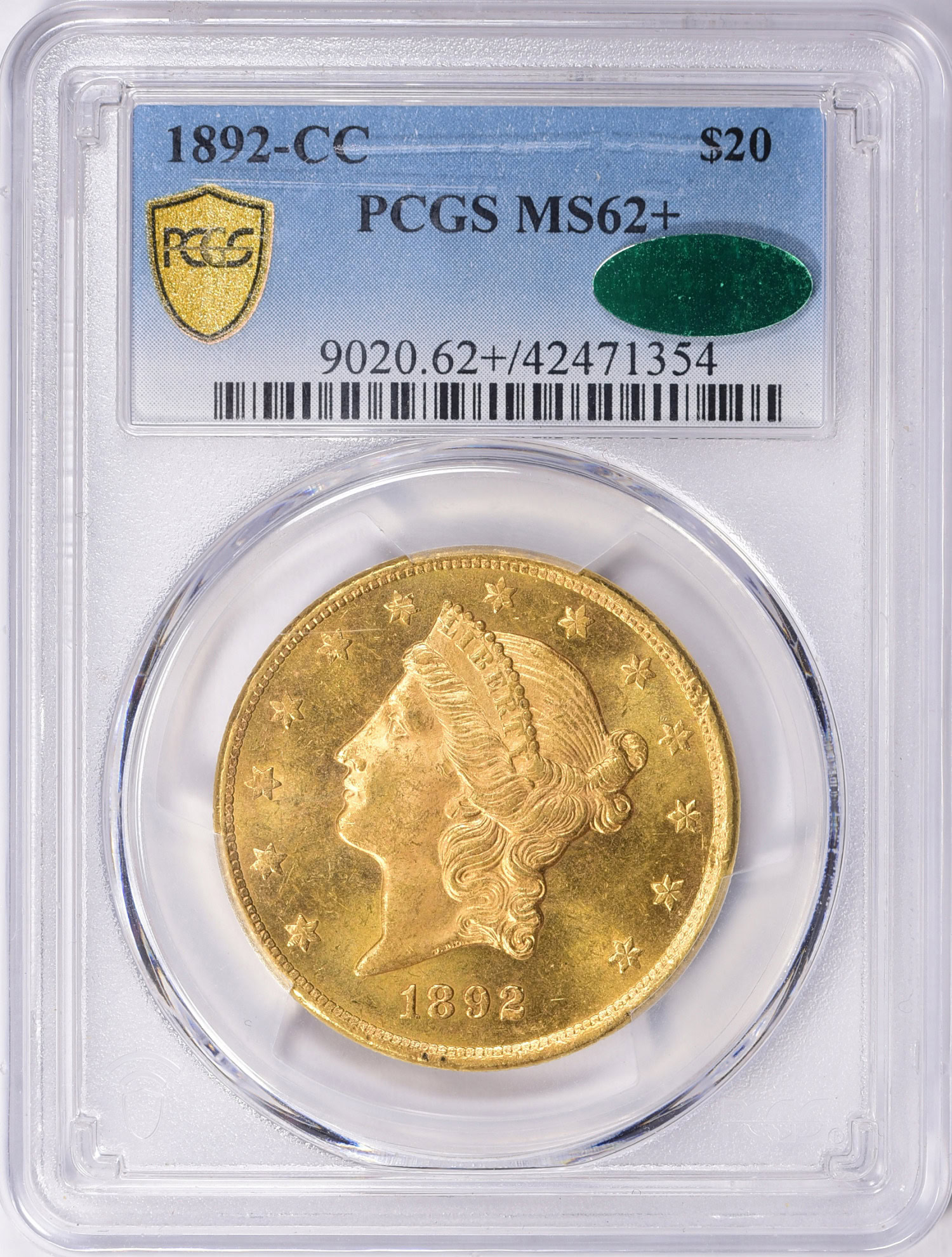 1892-CC Liberty Gold Double Eagle PCGS MS-62+ (CAC Green) (Item 1797356) | GreatCollections Coin ...