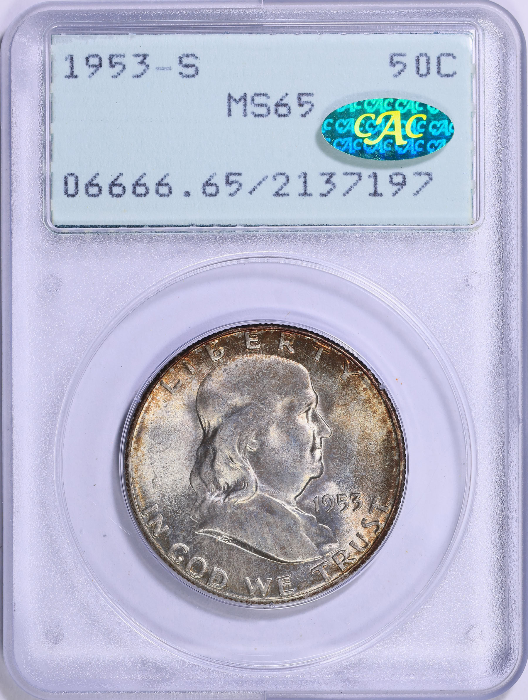 1953-S Franklin Half Dollar PCGS MS-65 (CAC Green) (Toned) OGH (1st Gen) (Item 1797655 ...