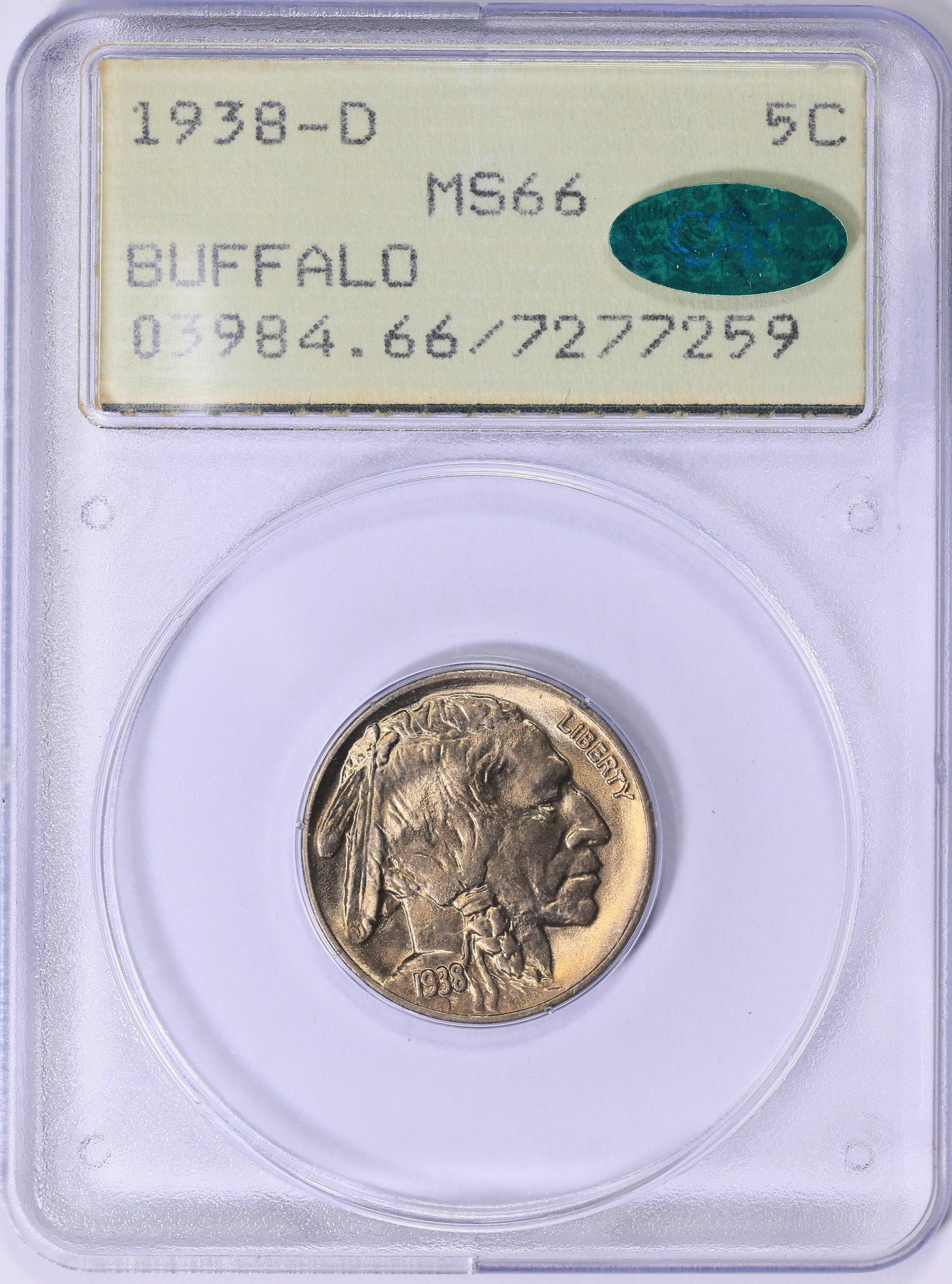 1938-D Buffalo Nickel PCGS MS-66 (CAC Green) OGH (1st Gen) (Item 1797728) | GreatCollections ...
