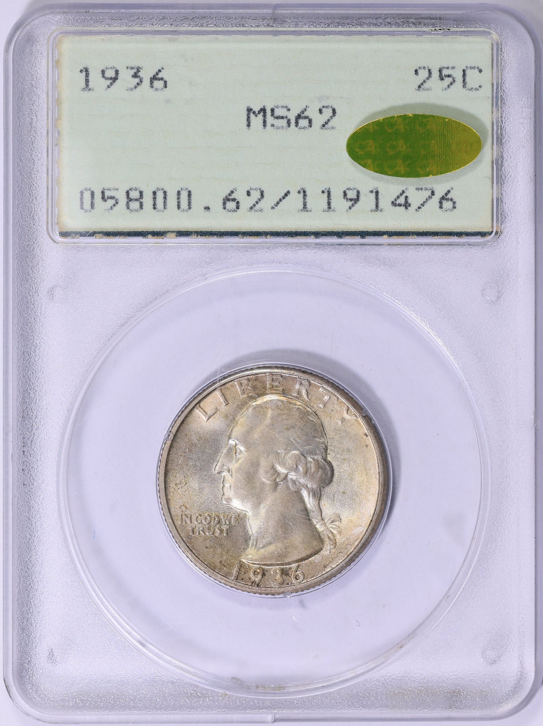 1936 Washington Quarter PCGS MS-62 (CAC Gold) OGH (1st Gen) (Item 1797730) | GreatCollections ...
