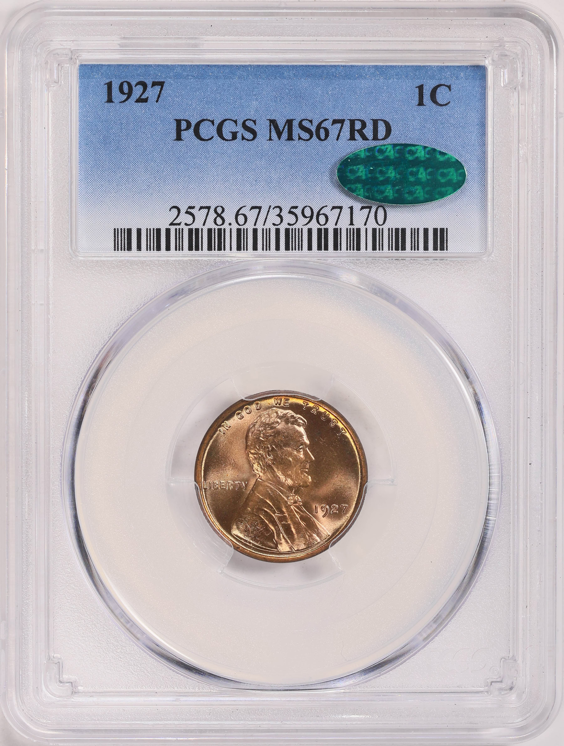 1927 Lincoln Cent PCGS MS-67 RD (CAC Green) (Item 1798231) | GreatCollections Coin Auctions