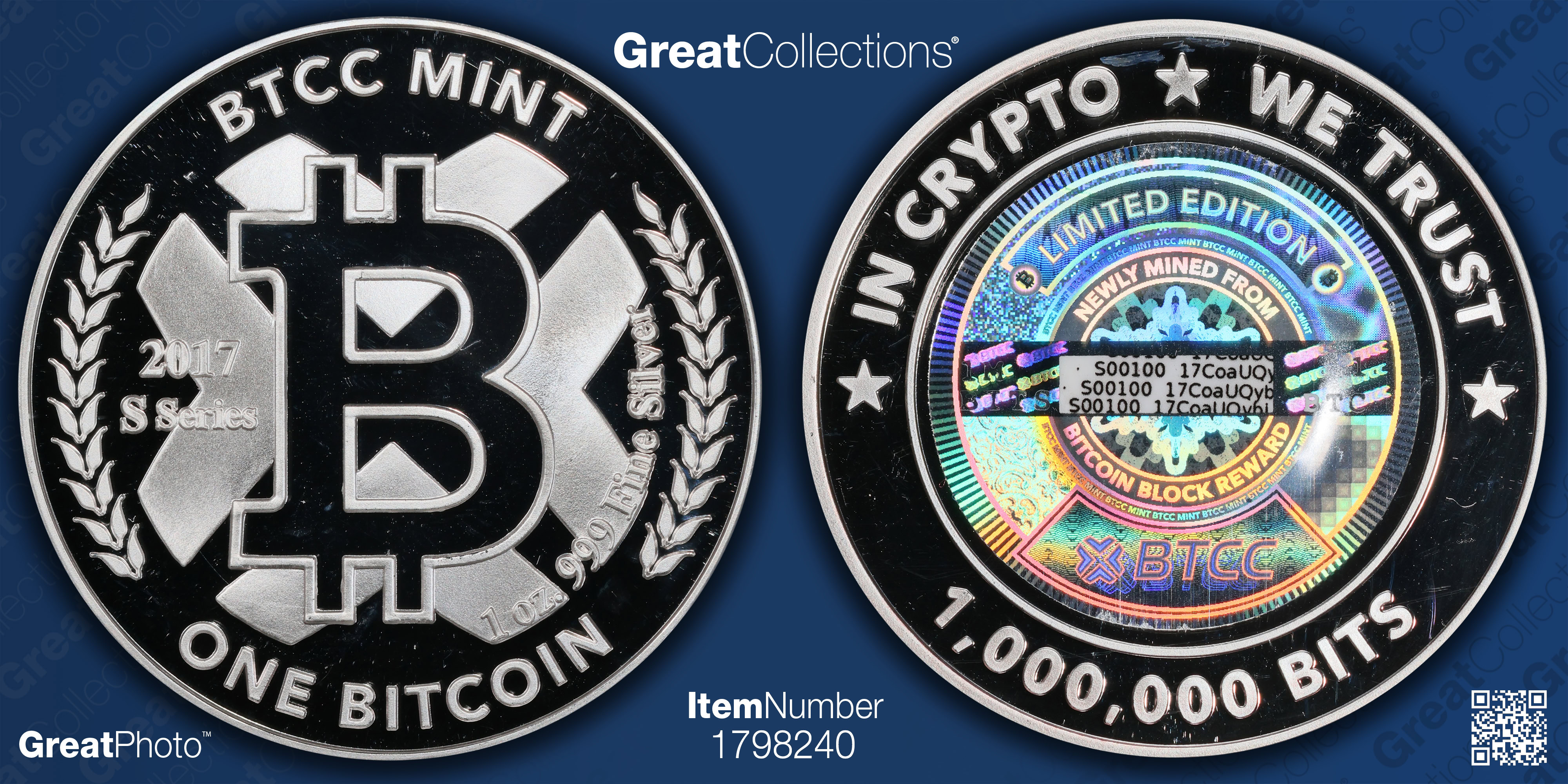 2017 1 BTC BTCC Mint S Series Silver Physical Bitcoin PCGS Proof-69 ...