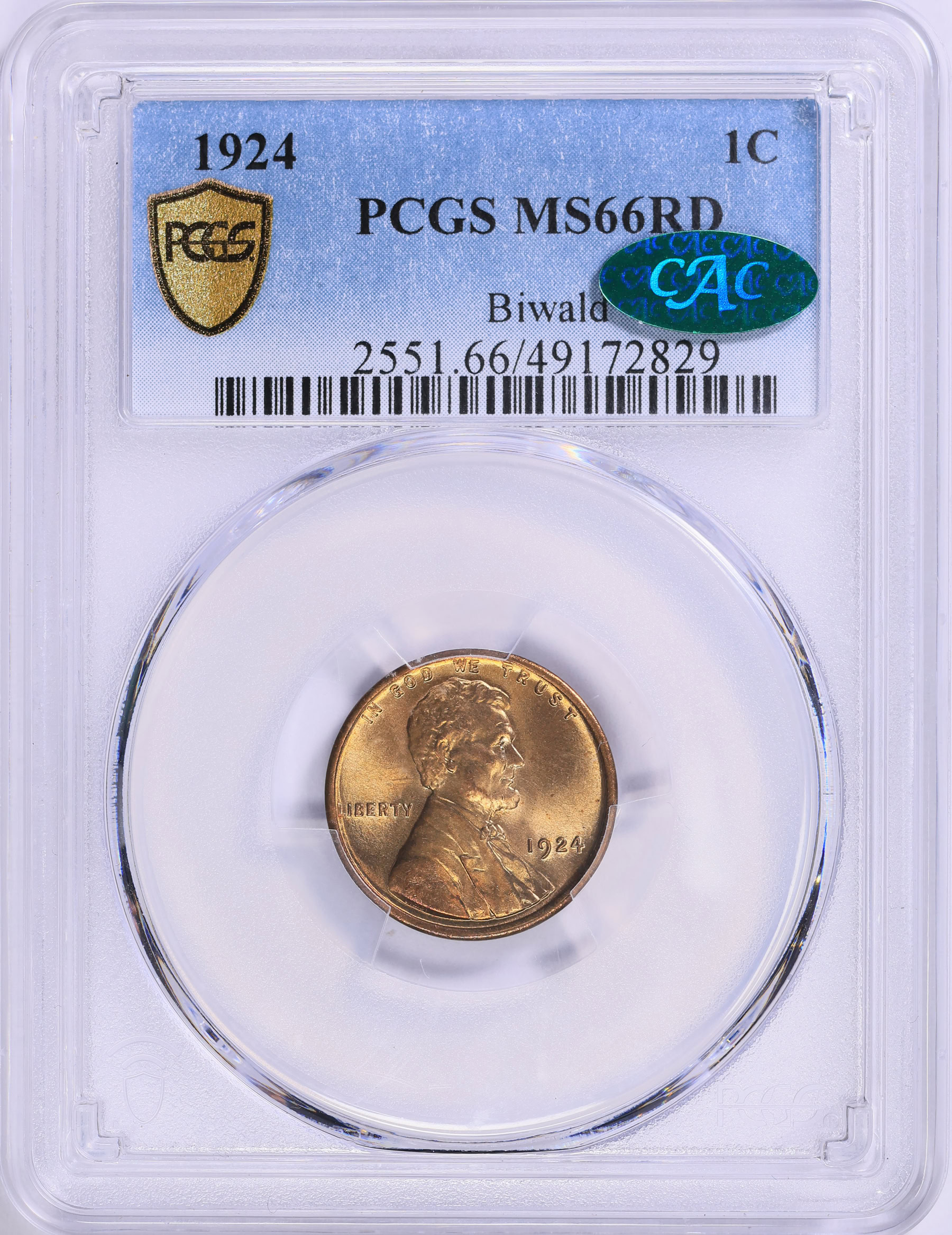 1924 Lincoln Cent PCGS MS-66 RD (CAC Green) (Biwald Collection) (Item 1798428 ...