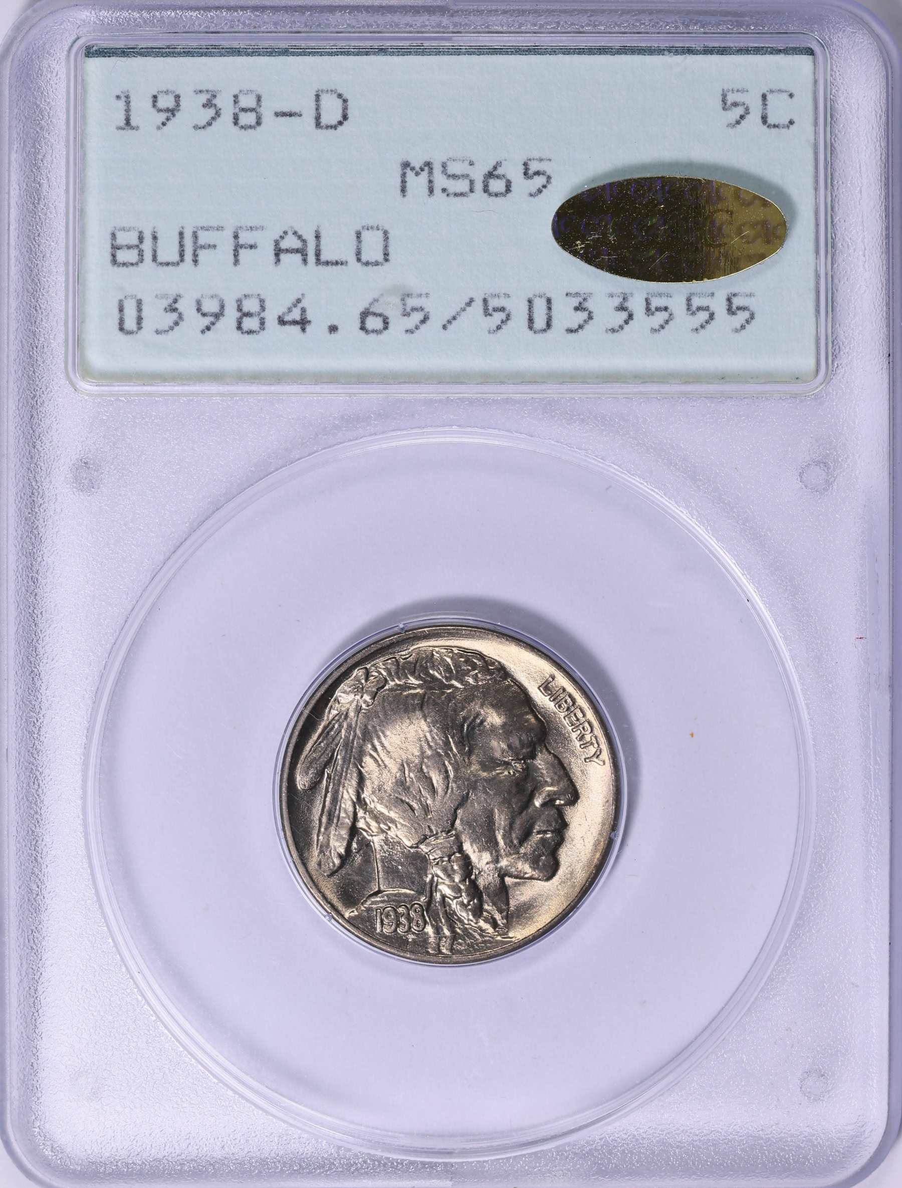 1938-D Buffalo Nickel PCGS MS-65 (CAC Gold) OGH (1st Gen) (Item 1798523) | GreatCollections Coin ...