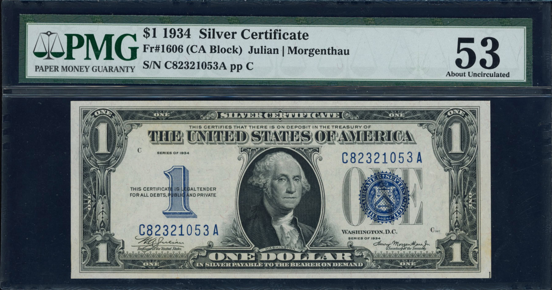 Fr. 1606 (CA Block) 1934 $1 Silver Certificate Note Julian / Morgenthau PMG About Uncirculated ...