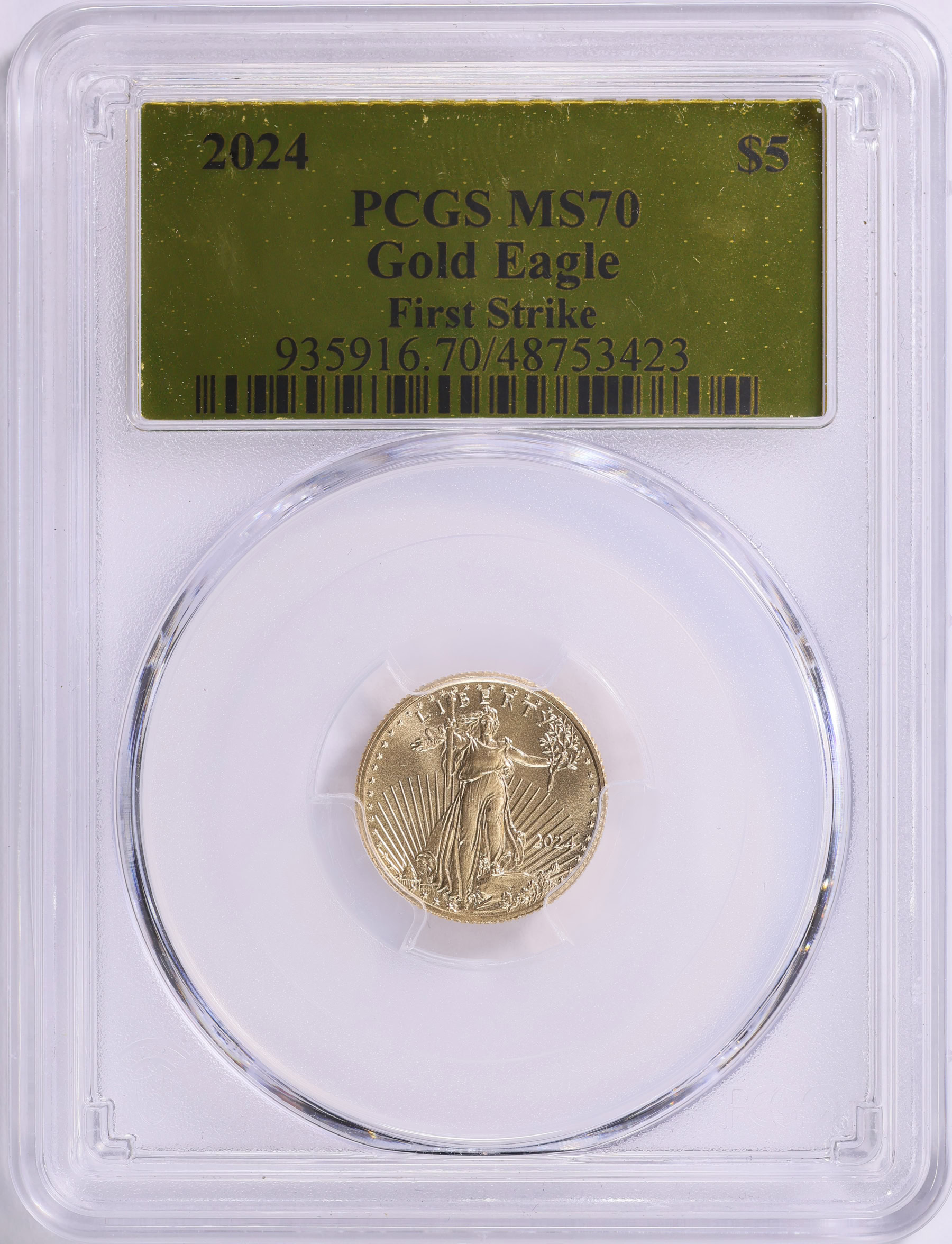 2024 $5 Tenth-Ounce Gold American Eagle First Strike PCGS MS-70 (Gold Foil Label) | PCGS Cert ...