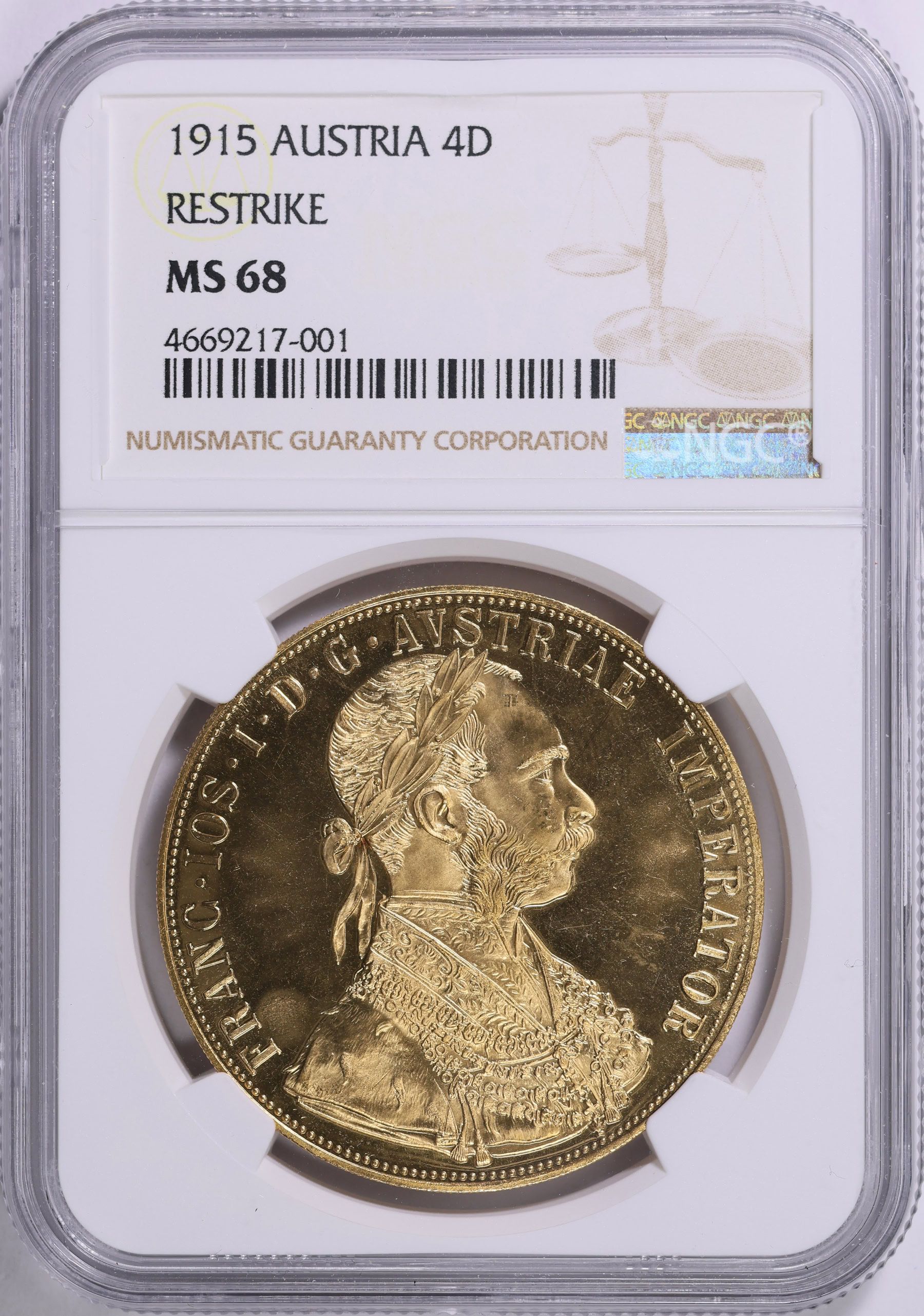 Austria 1915 Gold 4 Ducat Restrike KM-2276 NGC MS-68 (AGW = 0.4427 oz.) (Item 1799105 ...