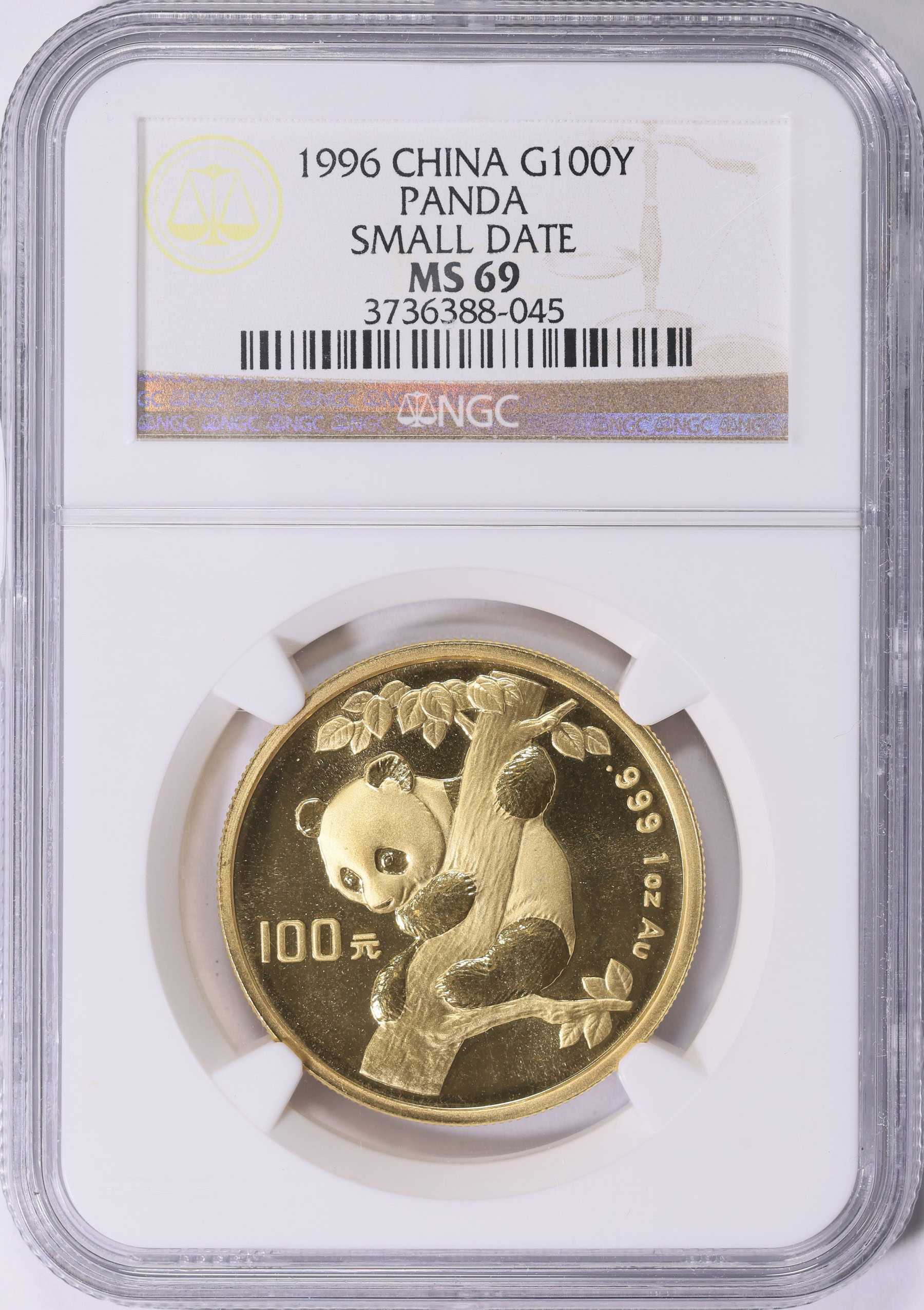 China 1996 Gold 100 Yuan Panda Small Date KM-887 NGC MS-69 (AGW = 0.999 ...