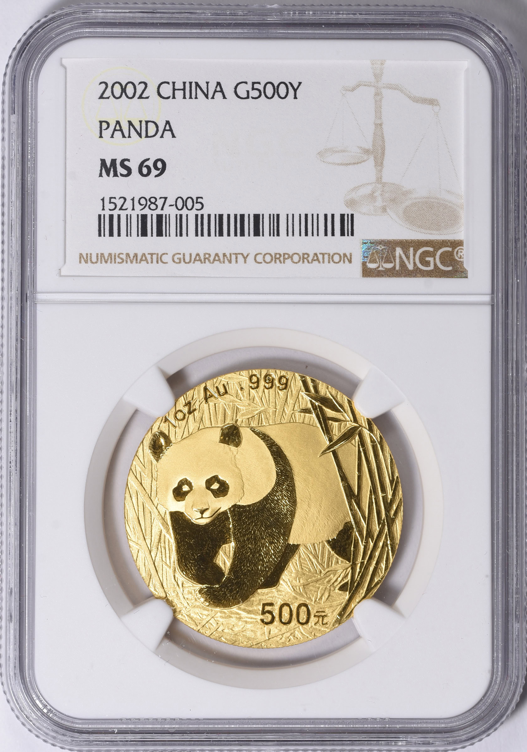 China 2002 Gold 500 Yuan Panda Low Letters KM-1460 NGC MS-69 (AGW = 0. ...