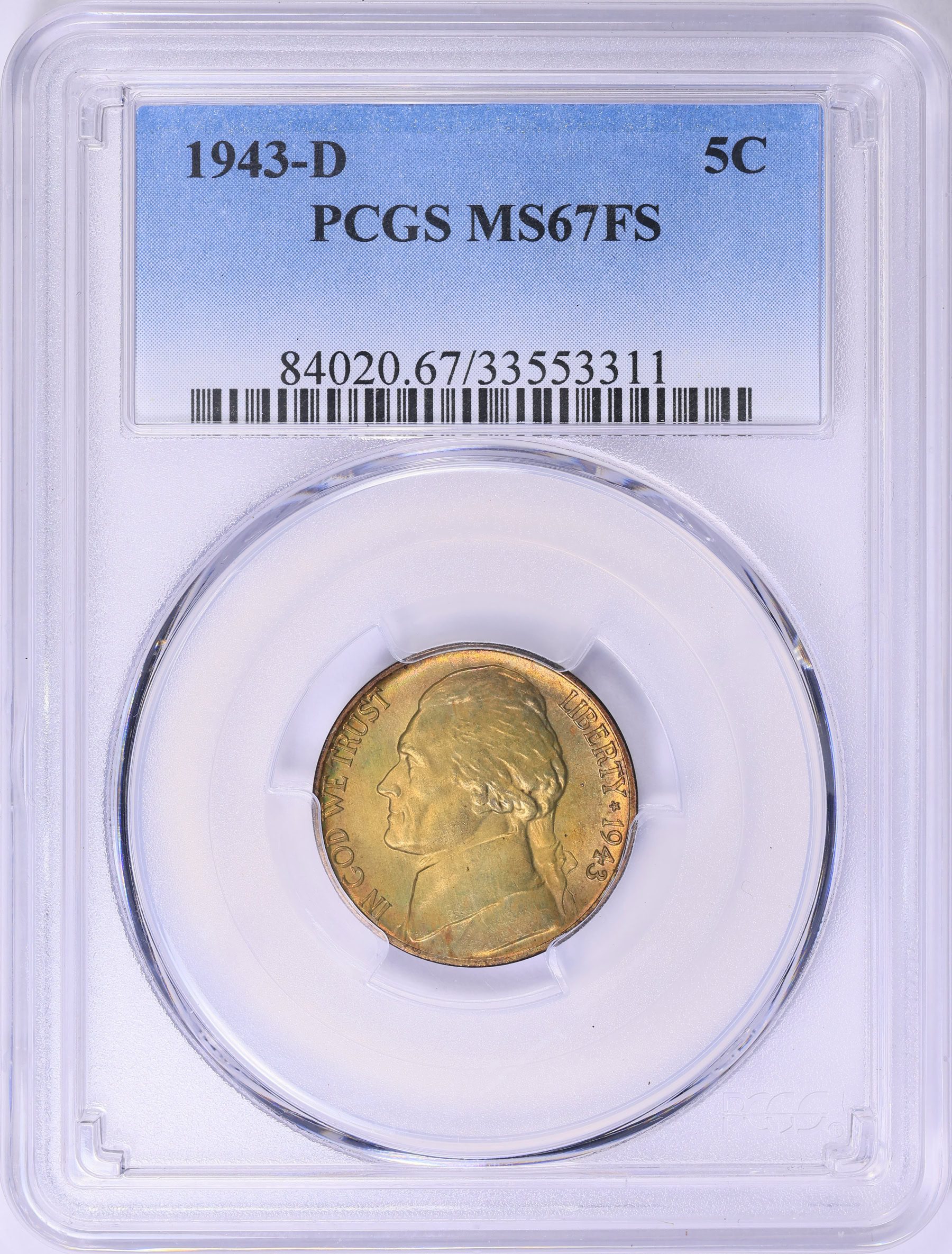 1943-D Jefferson Nickel PCGS MS-67 FS (Toned) (Item 1799296) | GreatCollections Coin Auctions