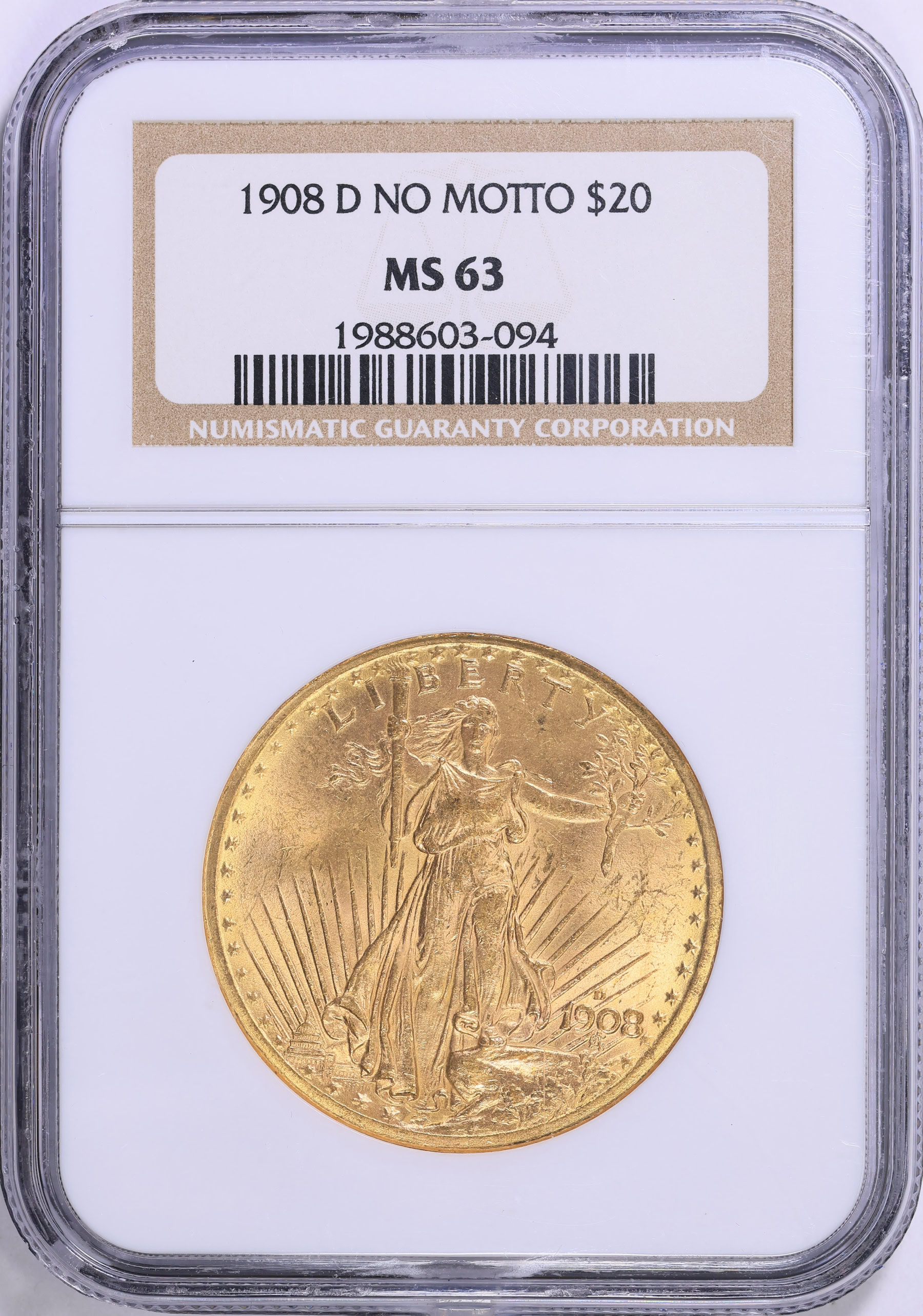 1908-D Saint-Gaudens Gold Double Eagle No Motto NGC MS-63 (Item 1799388) | GreatCollections Coin ...