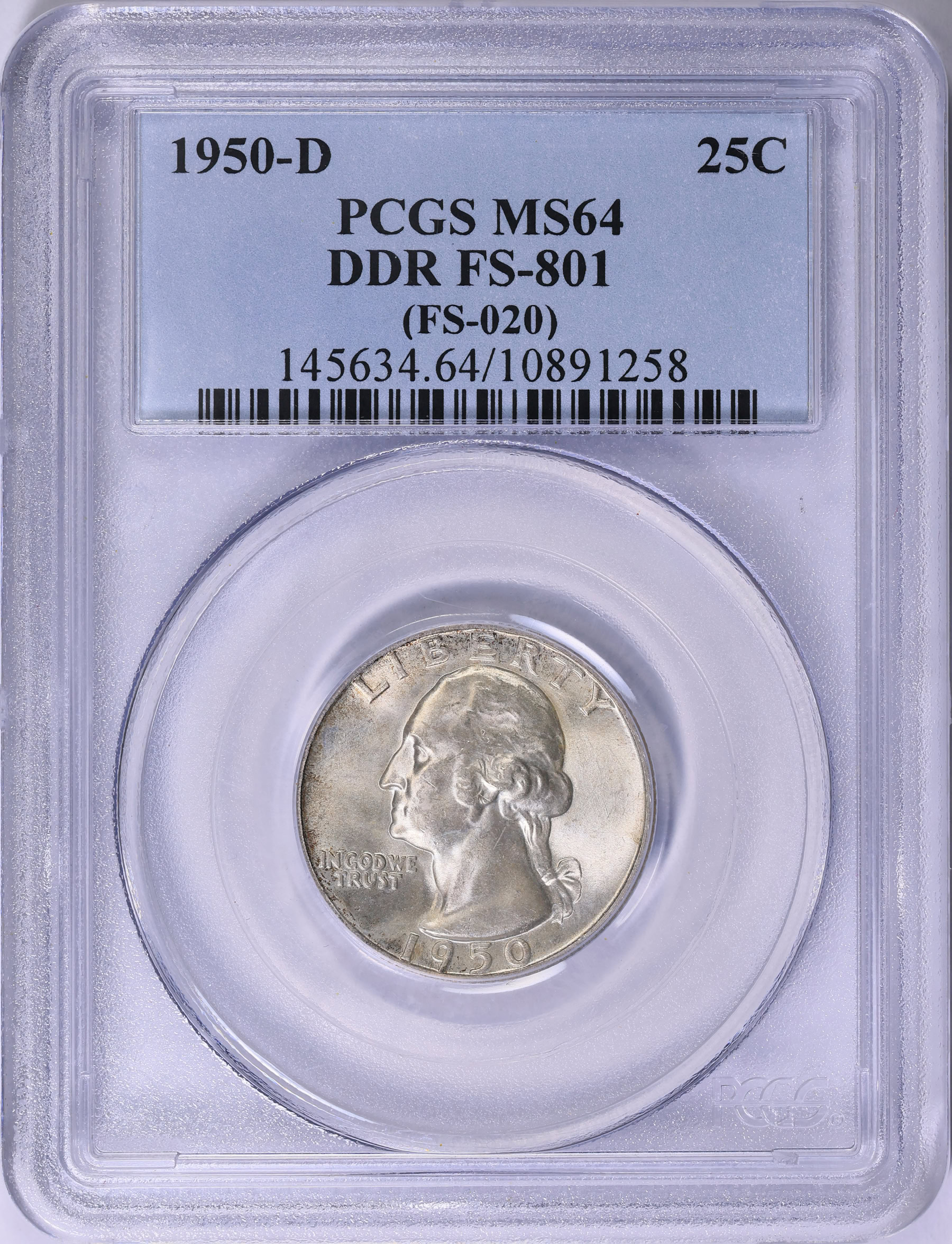 1950-D Washington Quarter DDR FS-801 (FS-020) PCGS MS-64 (Item 1799511 ...