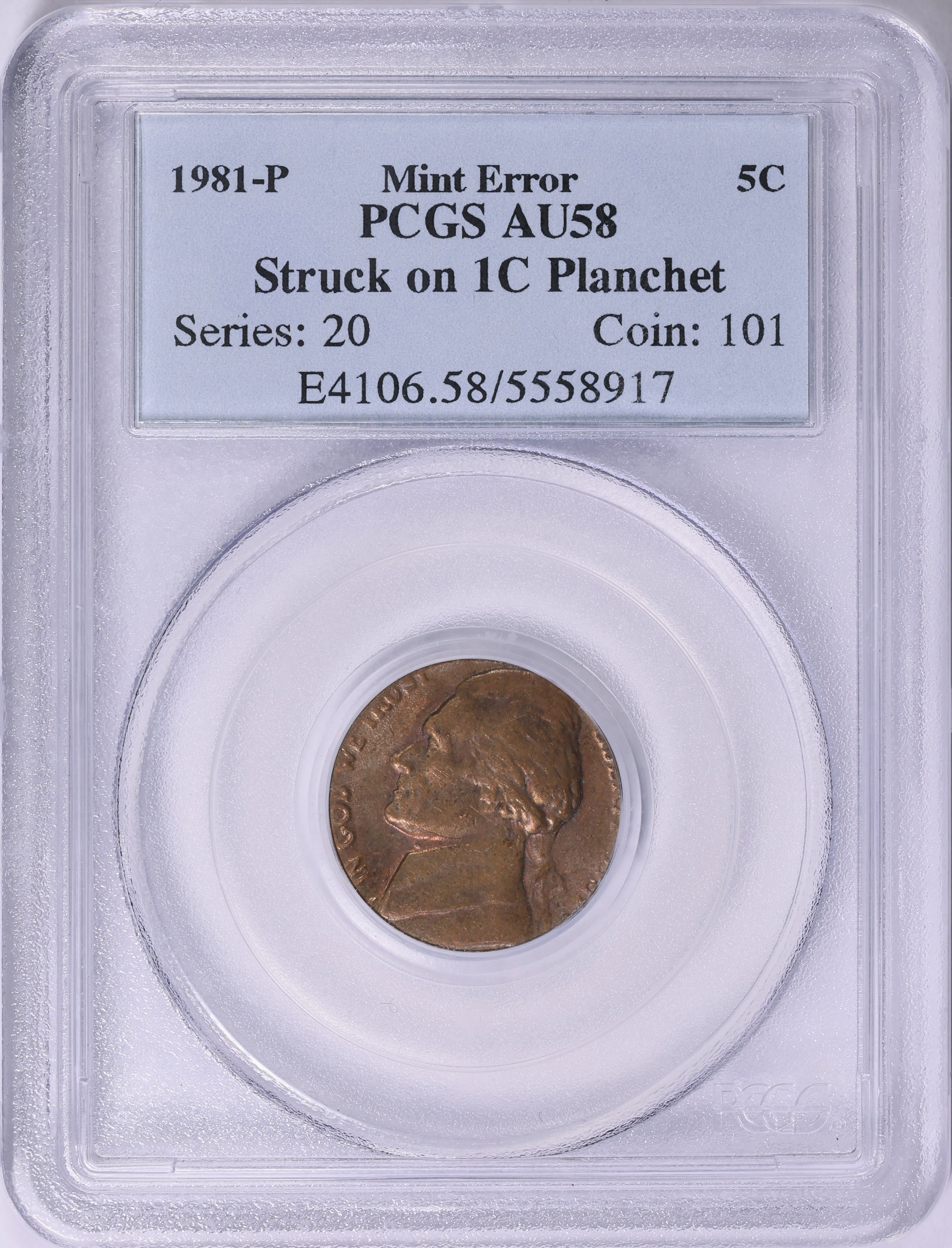 Mint Error 1981-P Jefferson Nickel Struck on 1c Planchet PCGS AU-58 ...