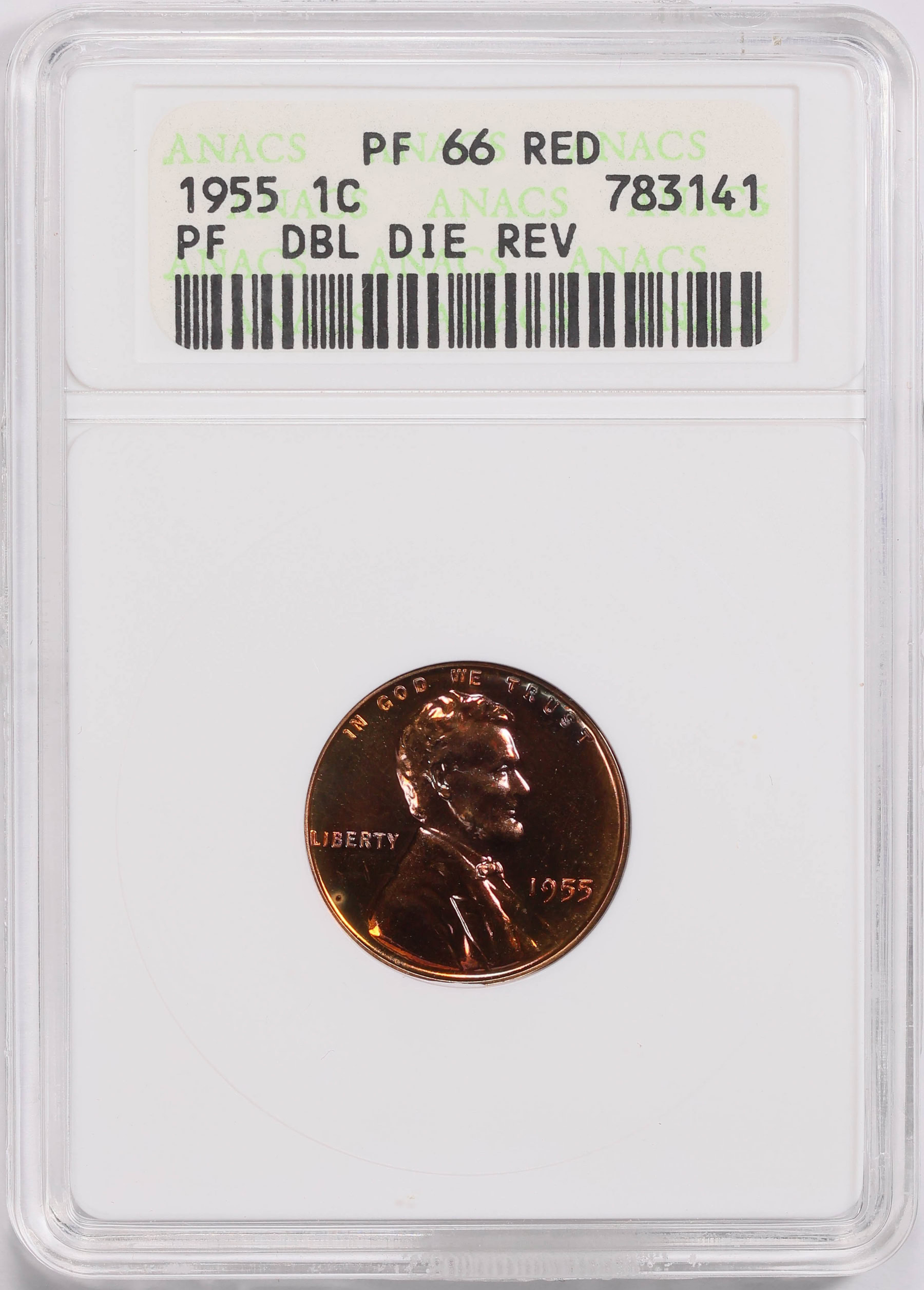 1955 Lincoln Cent Double Die Reverse ANACS Proof-66 RD OH (Item 1799560) | GreatCollections Coin ...