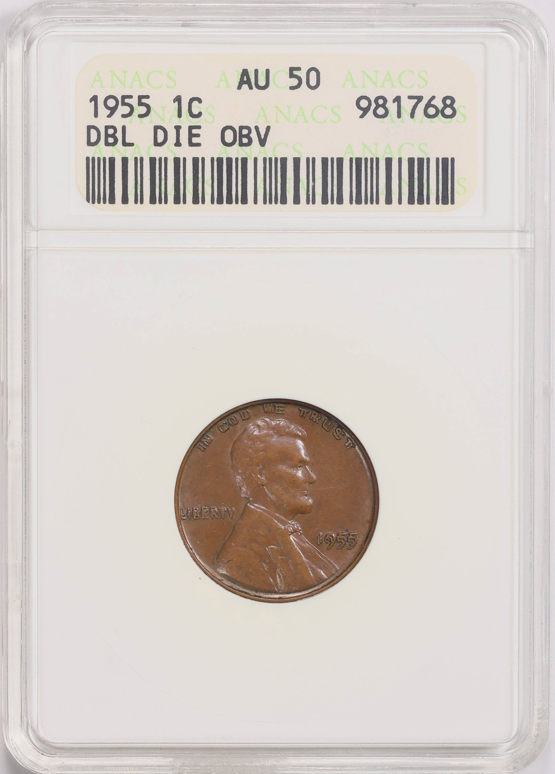 1955 Lincoln Cent Doubled Die Obverse ANACS AU-50 OH (Item 1799562) | GreatCollections Coin Auctions