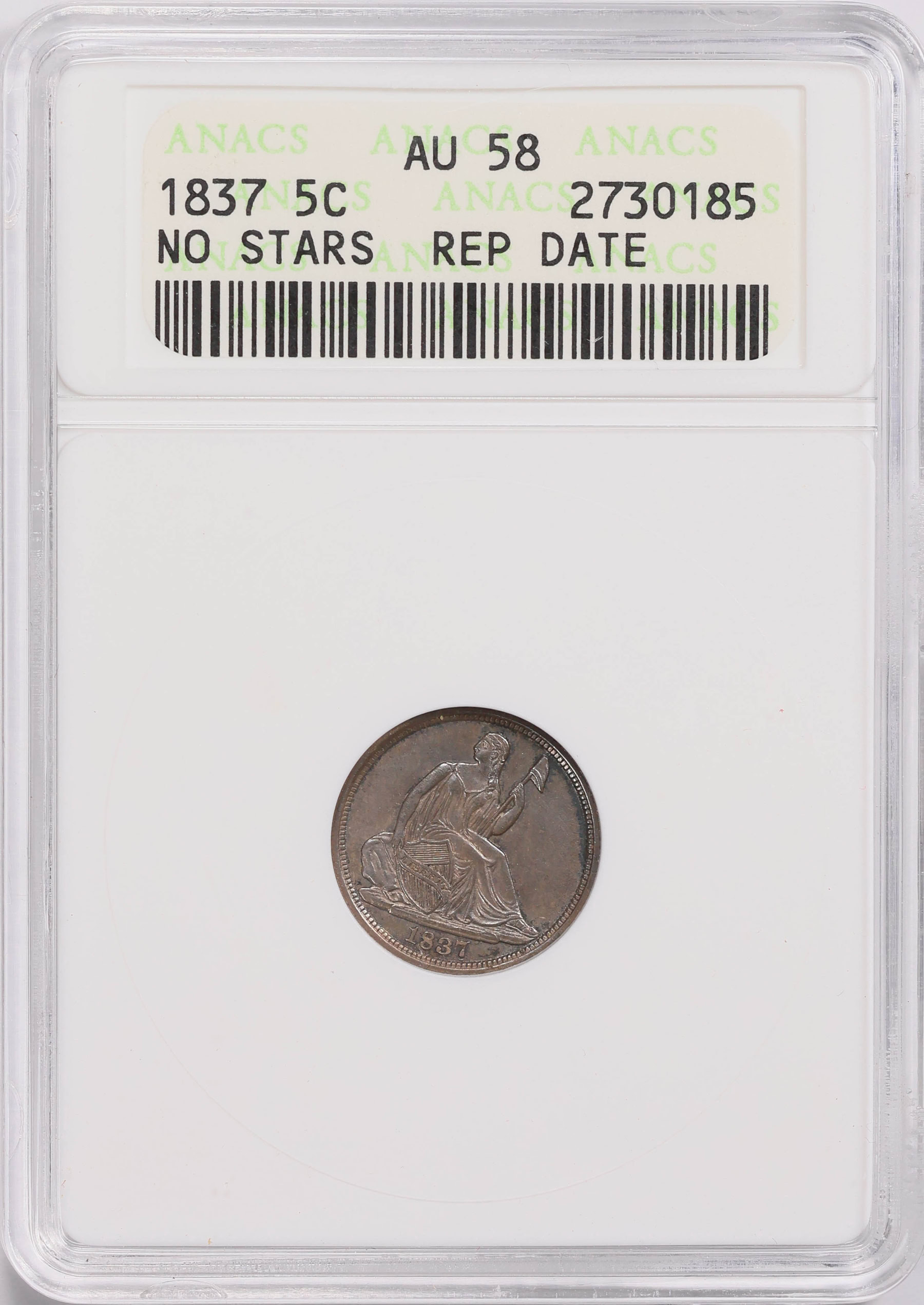 1837 Seated Liberty Half Dime No Stars RPD ANACS AU-58 OH (Item 1799563) | GreatCollections Coin ...