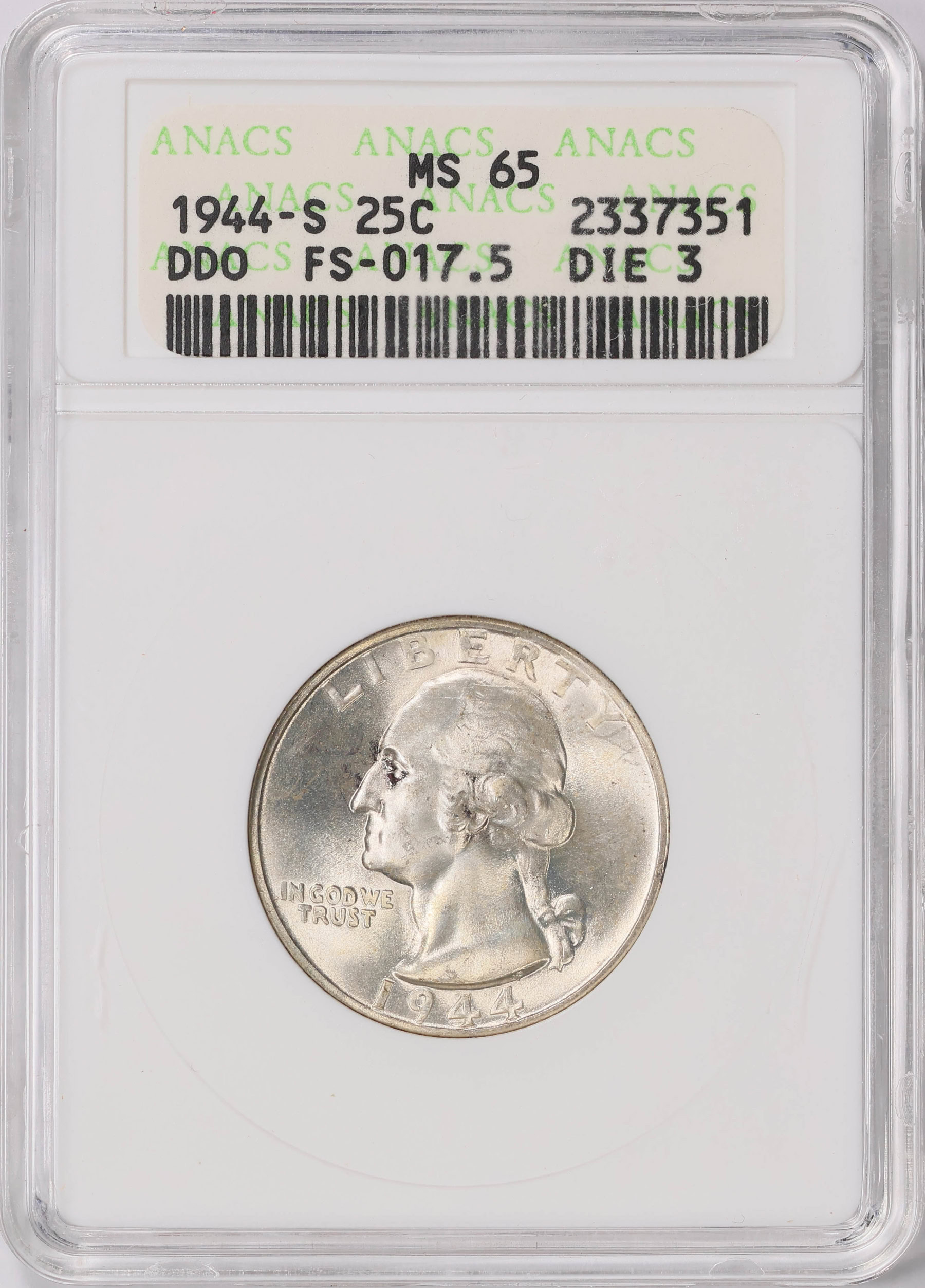 1944-S Washington Quarter DDO FS-017.5 Die 3 ANACS MS-65 OH (Item 1799564) | GreatCollections ...