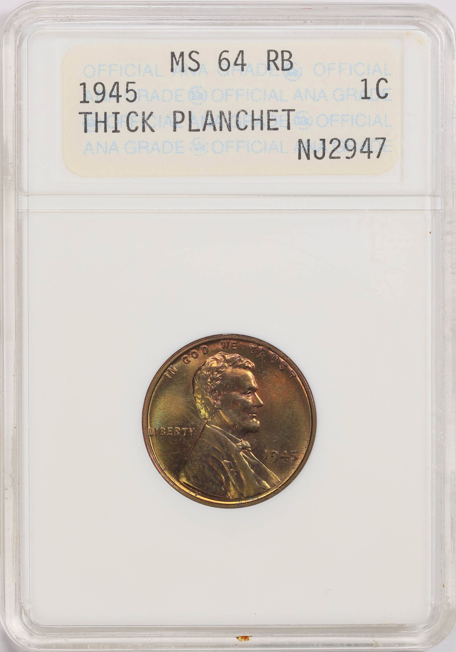 1945 Lincoln Cent Thick Planchet ANACS MS-64 RB OH Toned (Item 1799576) | GreatCollections Coin ...