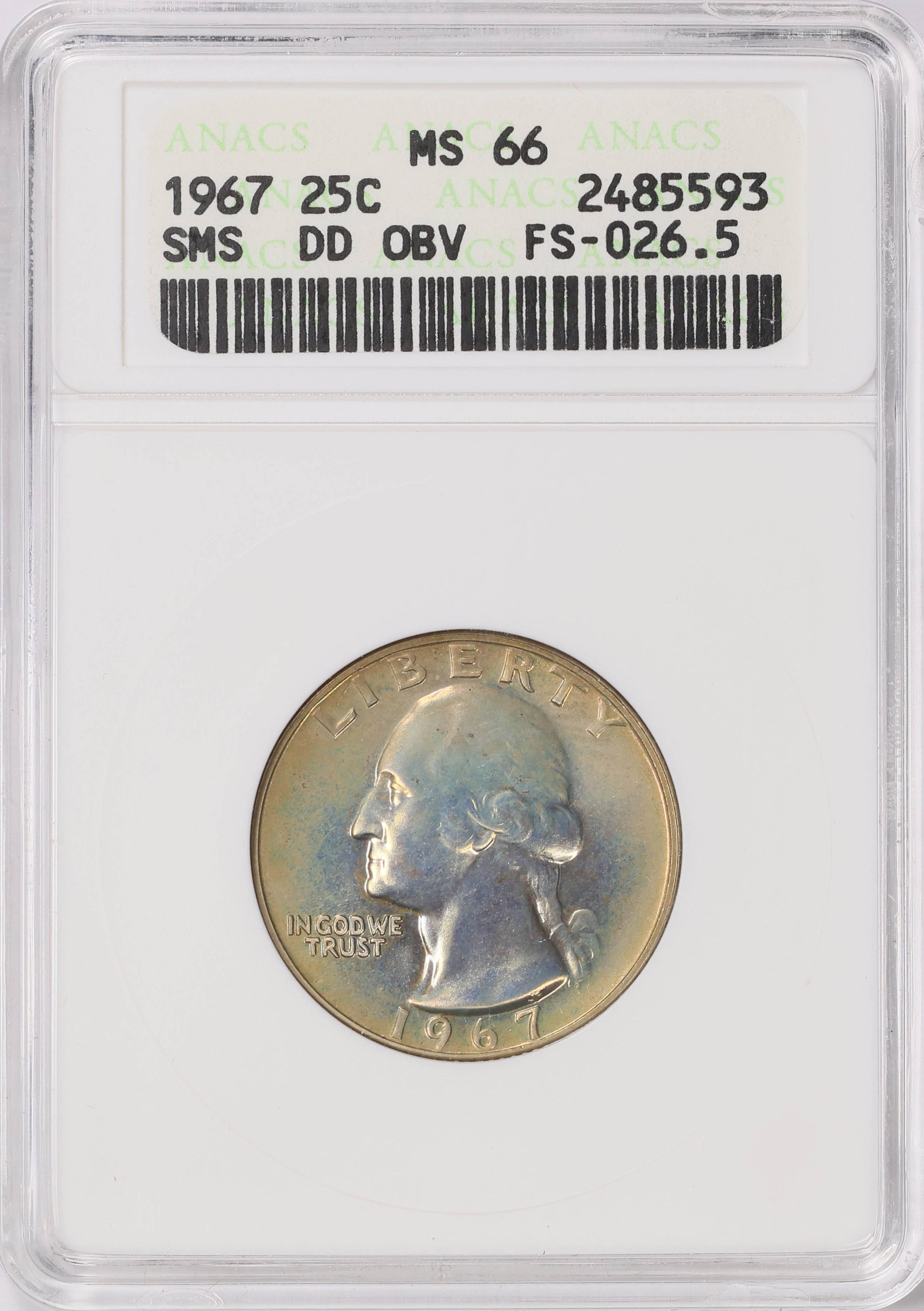 1967 Washington Quarter SMS Doubled Die Obverse FS-026.5 ANACS MS-66 OH (Toned) (Item 1799580 ...