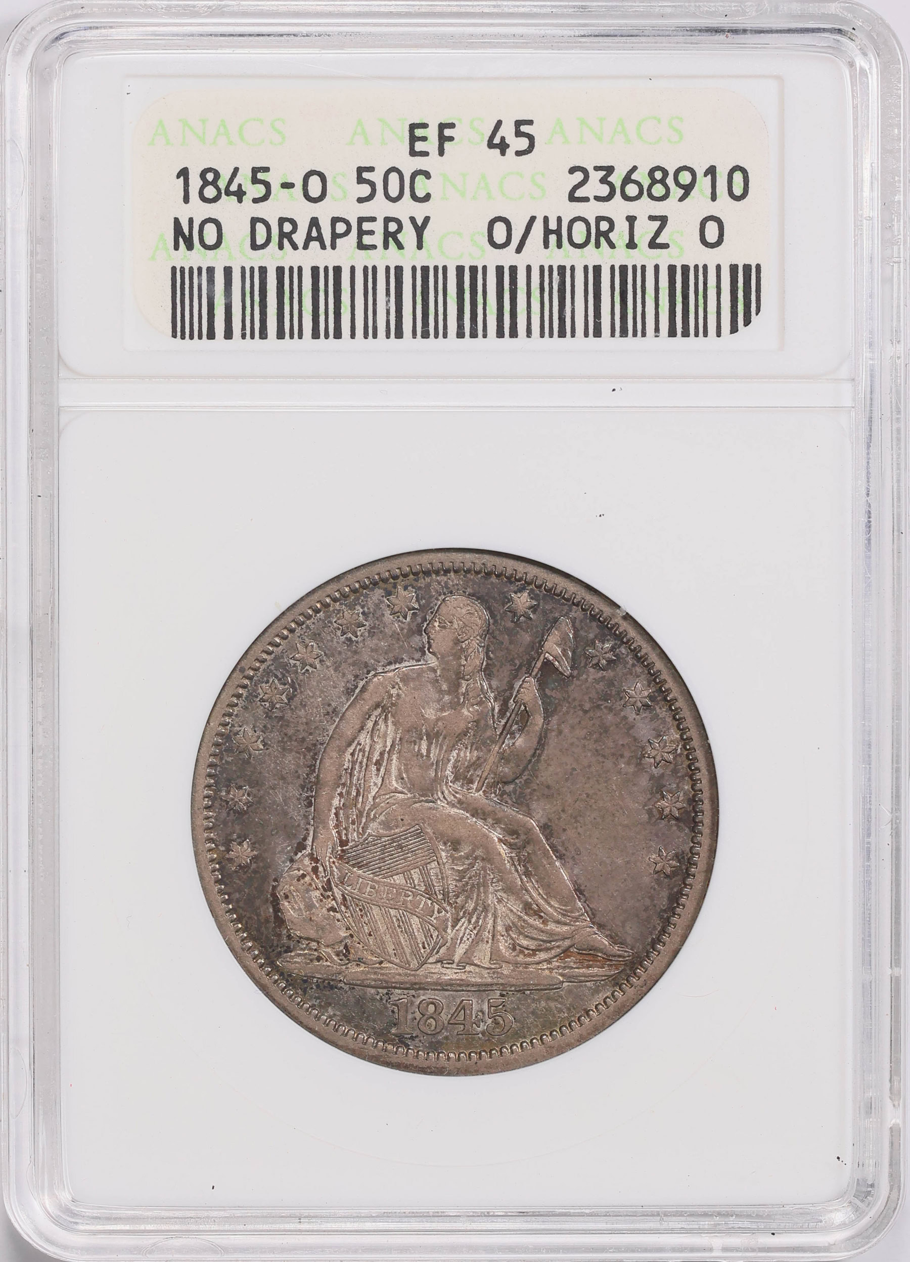 1845-O Seated Liberty Half Dollar No Drapery O/Horiz O ANACS XF-45 OH (Toned) (Item 1799584 ...