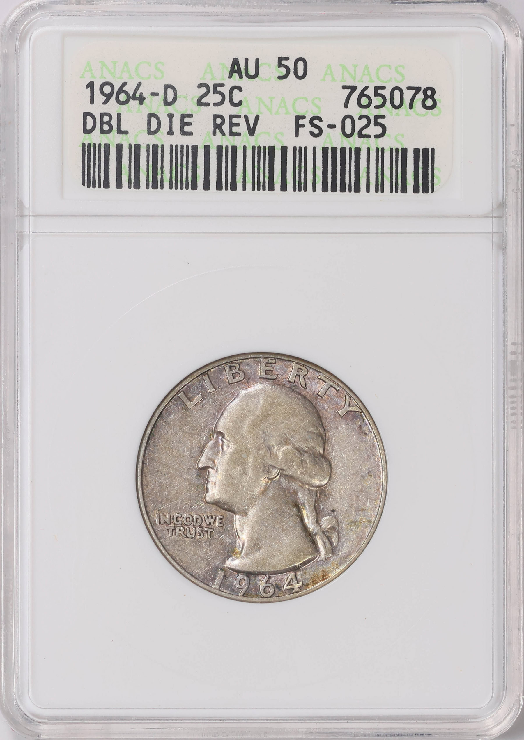 1964-D Washington Quarter Double Die Reverse FS-025 ANACS AU-50 OH ...