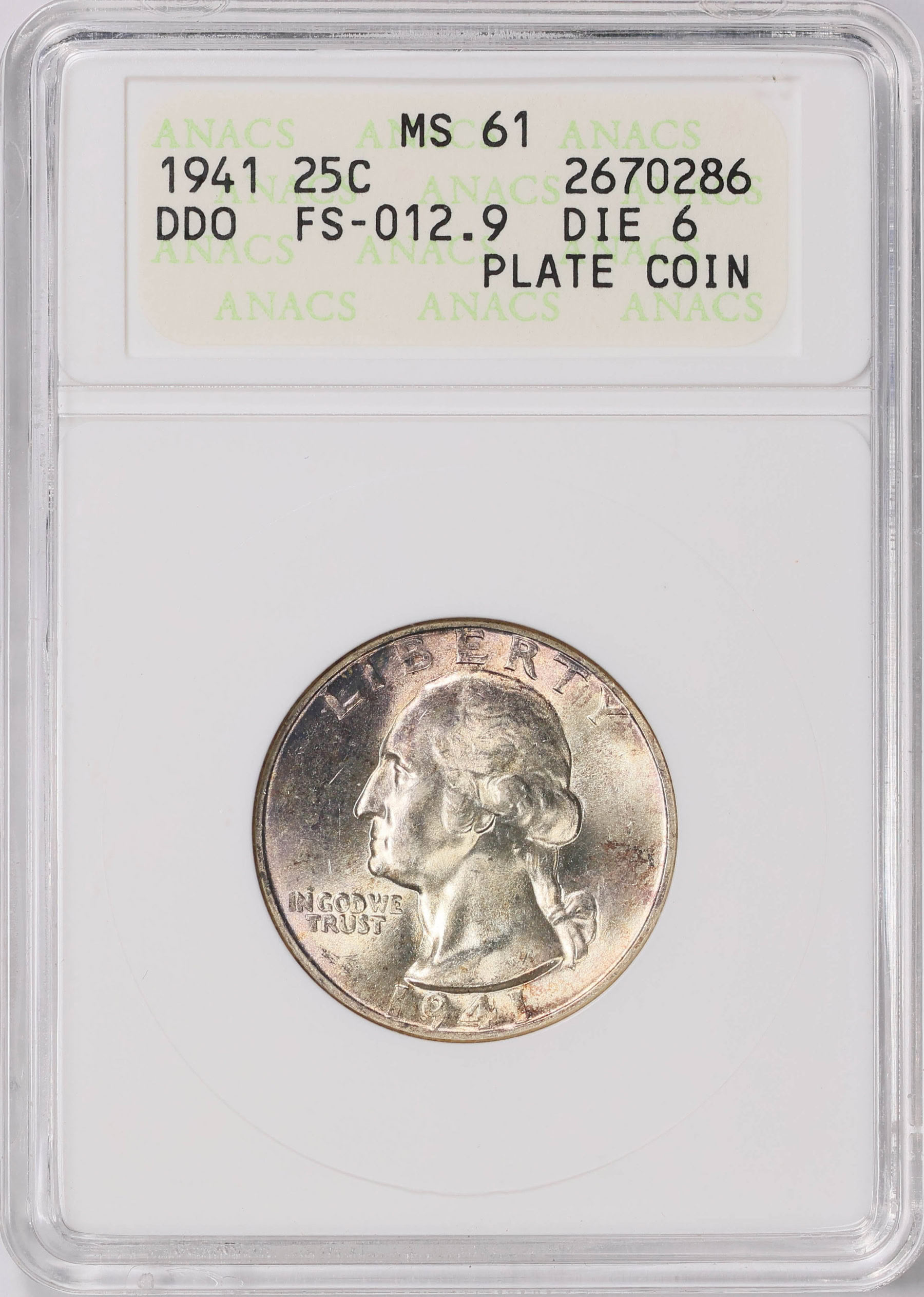 1941 Washington Quarter DDO FS-012.9 Die 6 Plate Coin ANACS MS-61 OH ...