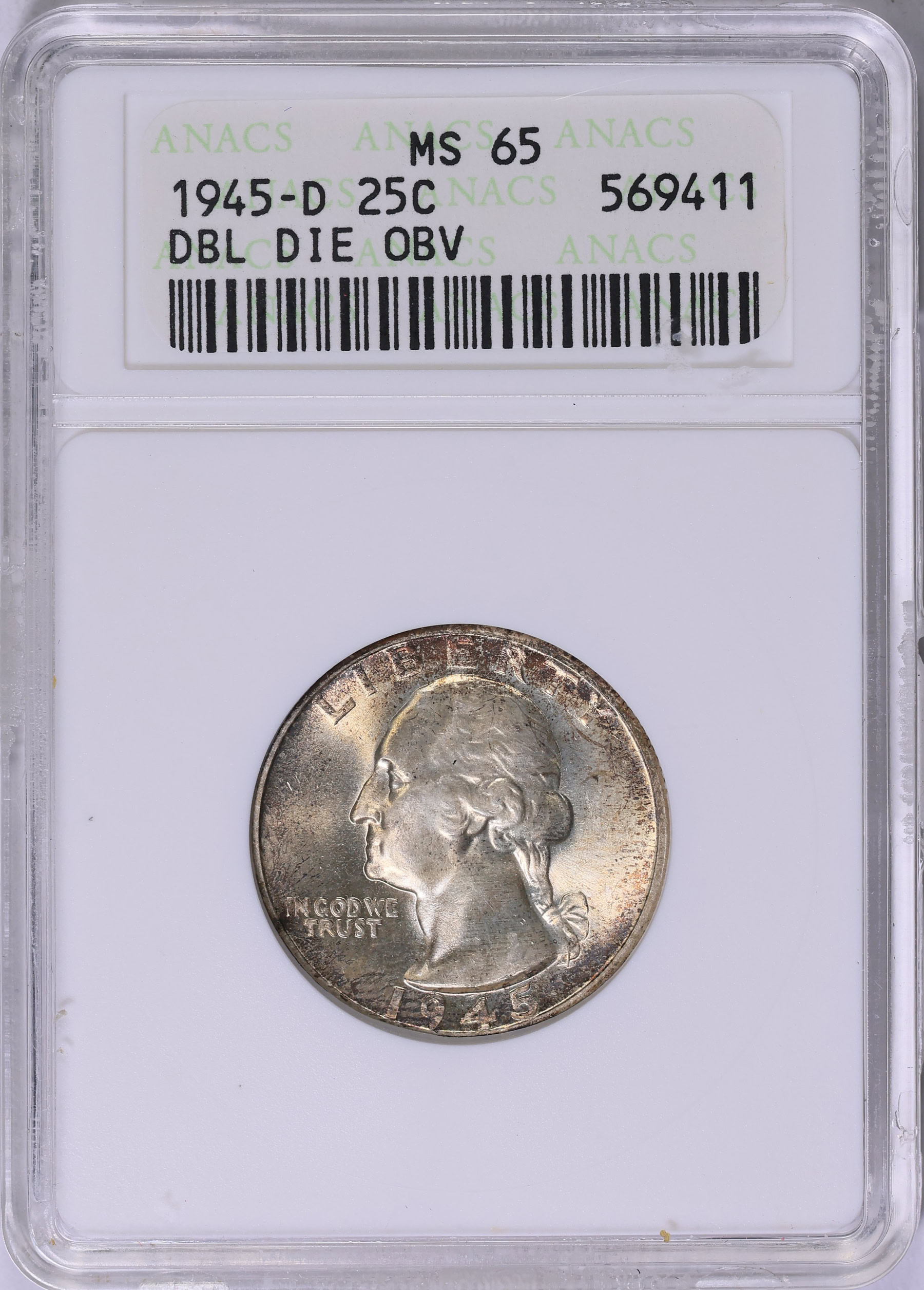 1945-D Washington Quarter Double Die Obverse ANACS MS-65 OH (Item 1799606) | GreatCollections ...