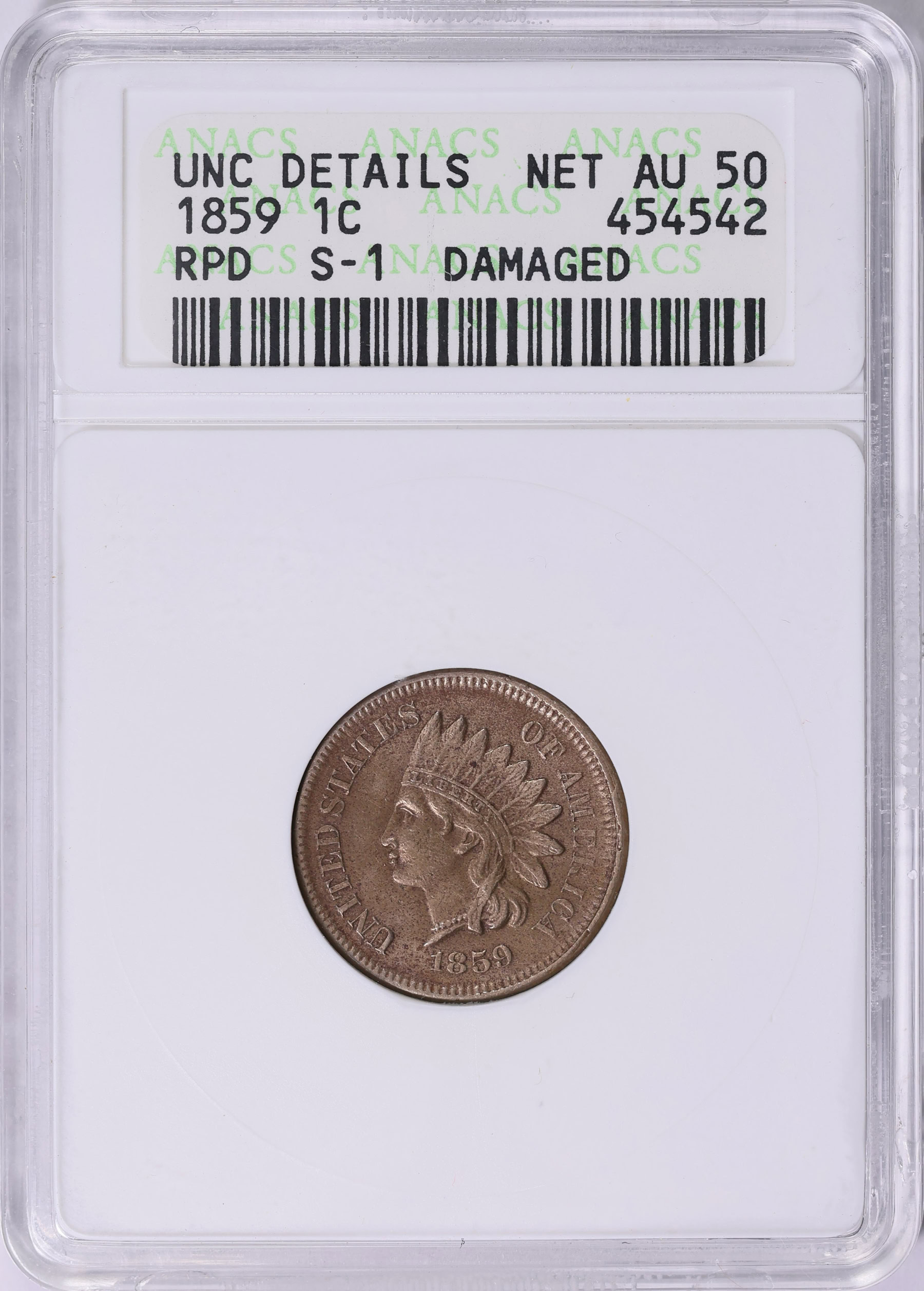 1859 Indian Cent RPD S-1 ANACS Net AU-50 Unc Details OH (Item 1799607) | GreatCollections Coin ...