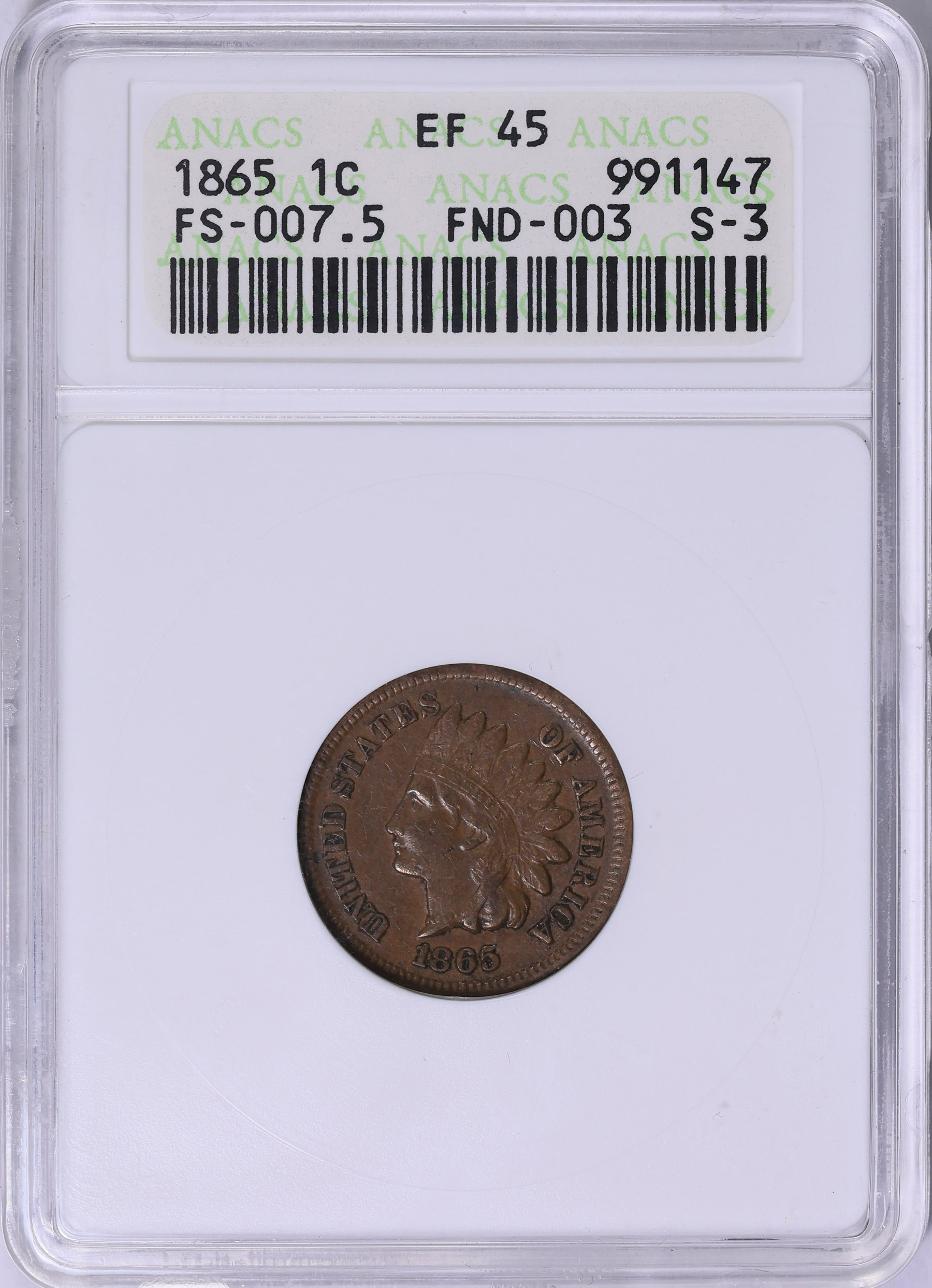 1865 Indian Cent FS-007.5 FND-003 S-3 ANACS XF-45 OH (Item 1799609) | GreatCollections Coin Auctions