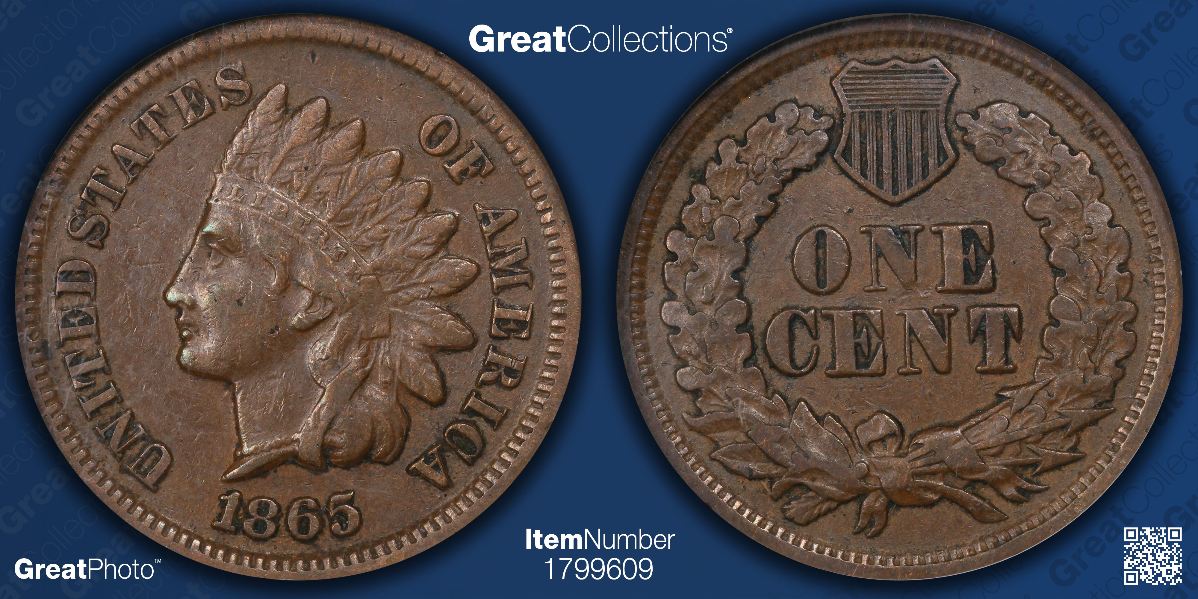 1865 Indian Cent FS-007.5 FND-003 S-3 ANACS XF-45 OH (Item 1799609) | GreatCollections Coin Auctions