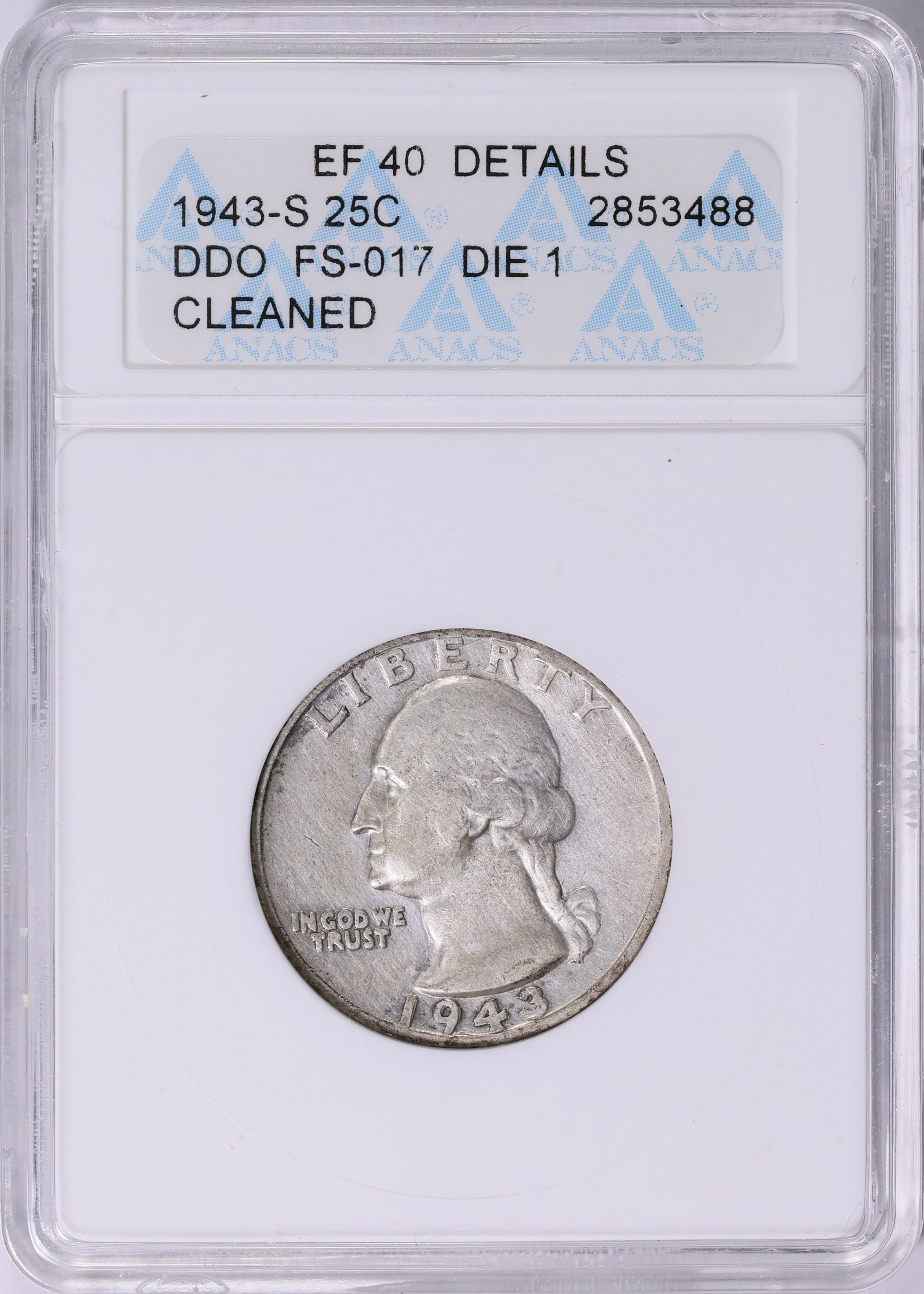 1943-S Washington Quarter Doubled Die Obverse FS-017 Die 1 ANACS XF-40 ...