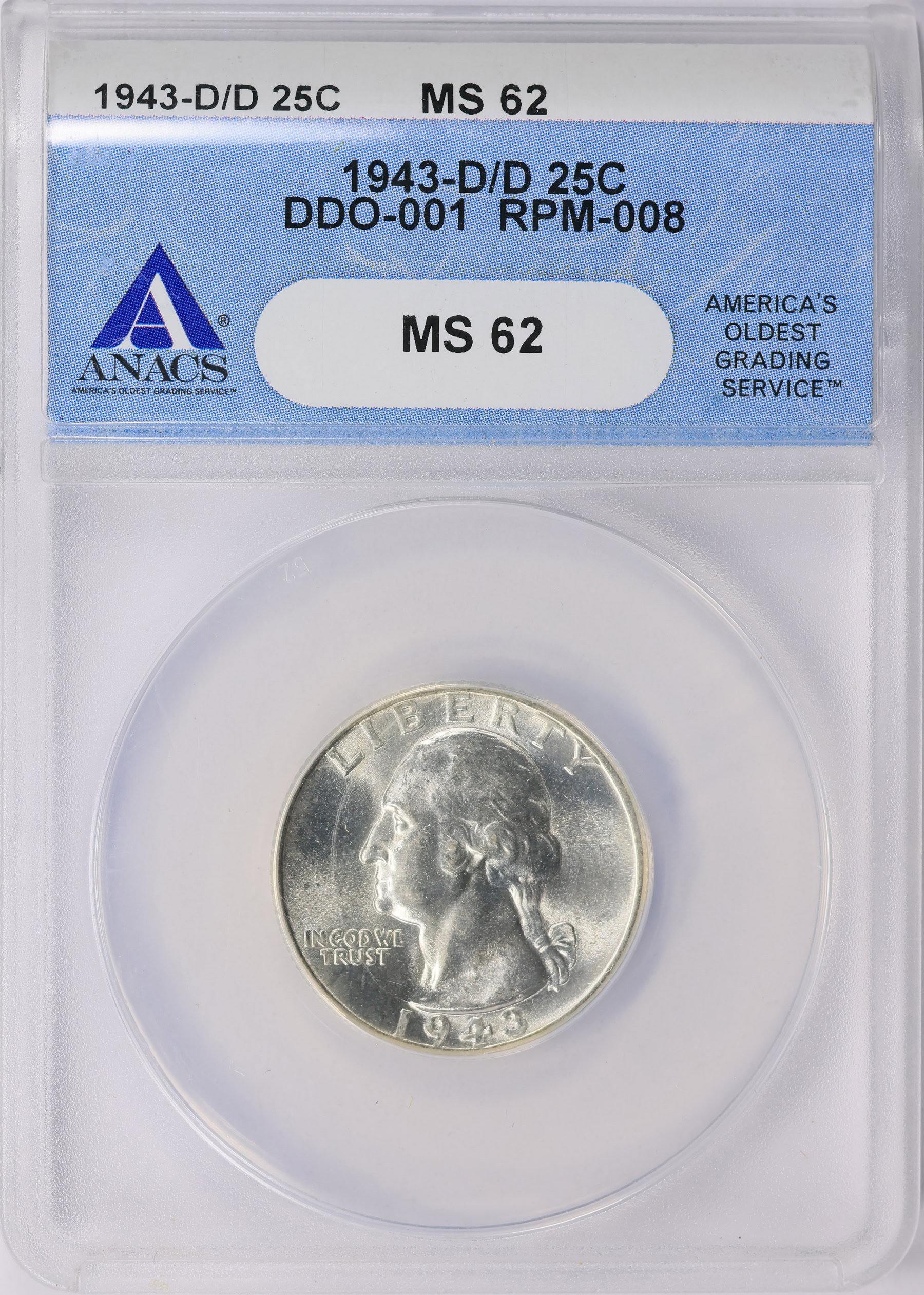 1943-D/D Washington Quarter DDO-001 RPM-008 ANACS MS-62 (Item 1799625 ...
