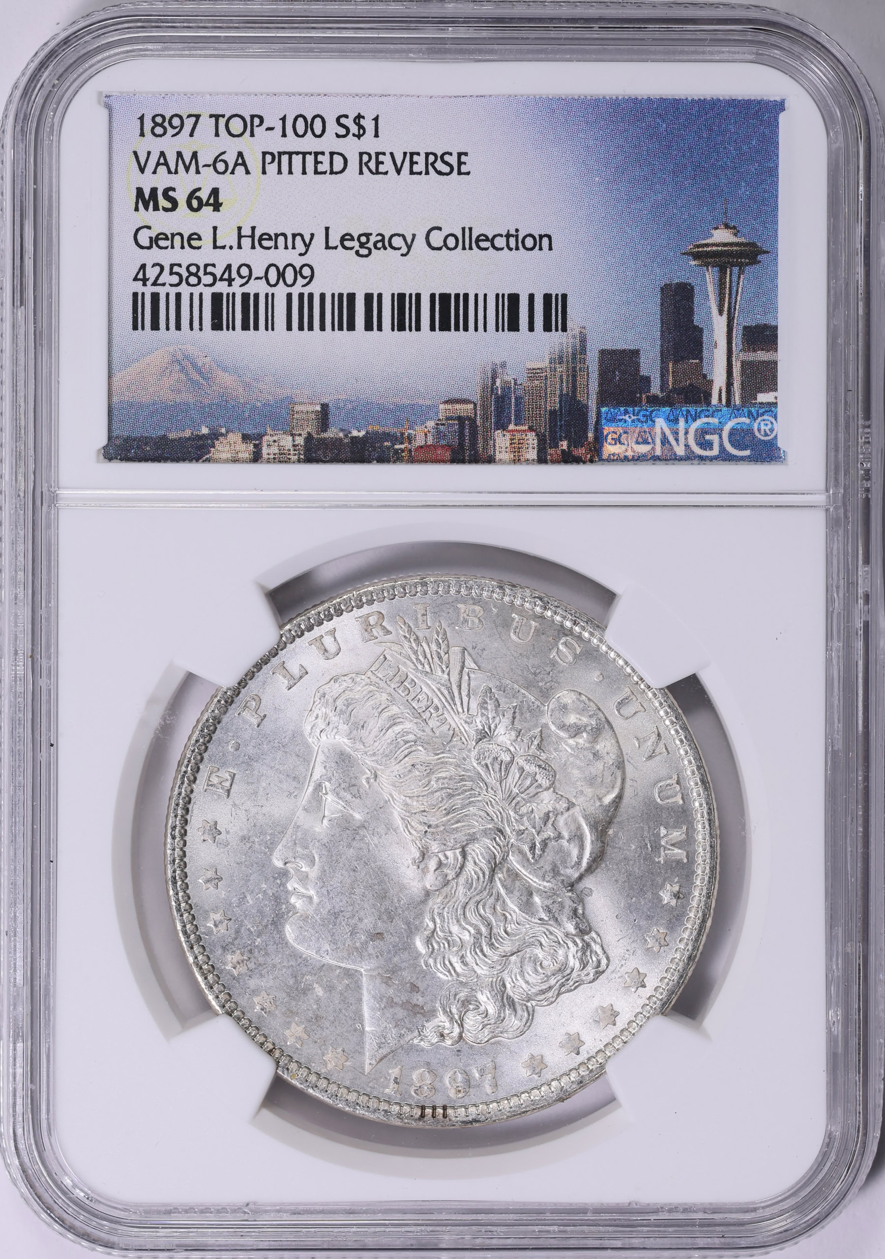 1897 Morgan Silver Dollar Pitted Reverse VAM-6A Top 100 NGC MS-64 (Gene L. Henry Legacy ...