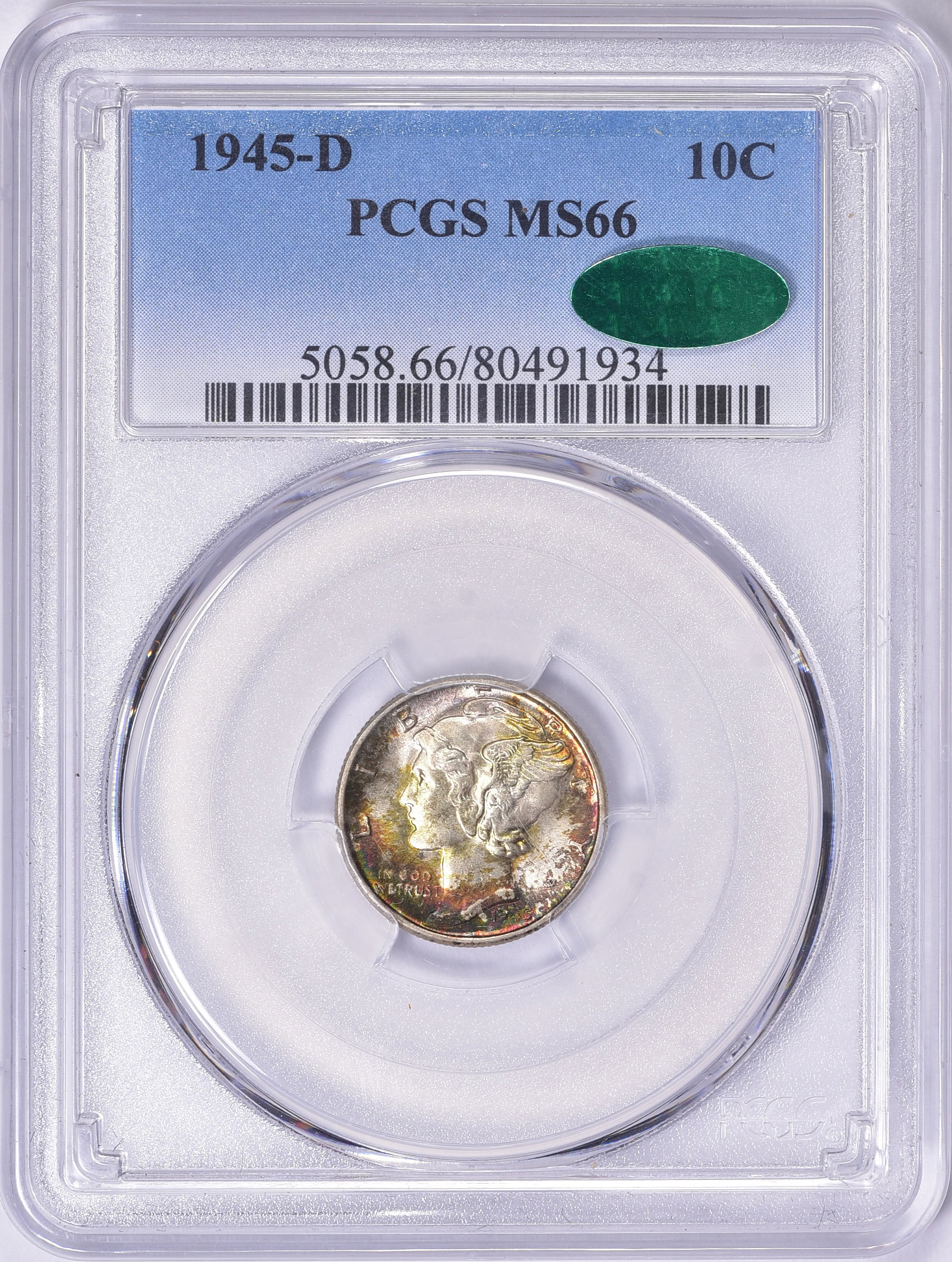 1945-D Mercury Dime PCGS MS-66 (CAC Green) (Toned) (Item 1799880) | GreatCollections Coin Auctions