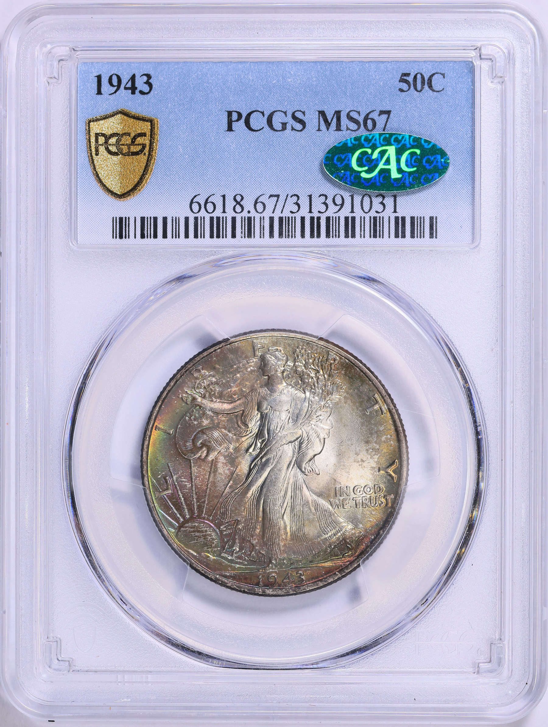 1943 Walking Liberty Half Dollar PCGS MS-67 (CAC Green) (Toned) (Item 1799886 ...