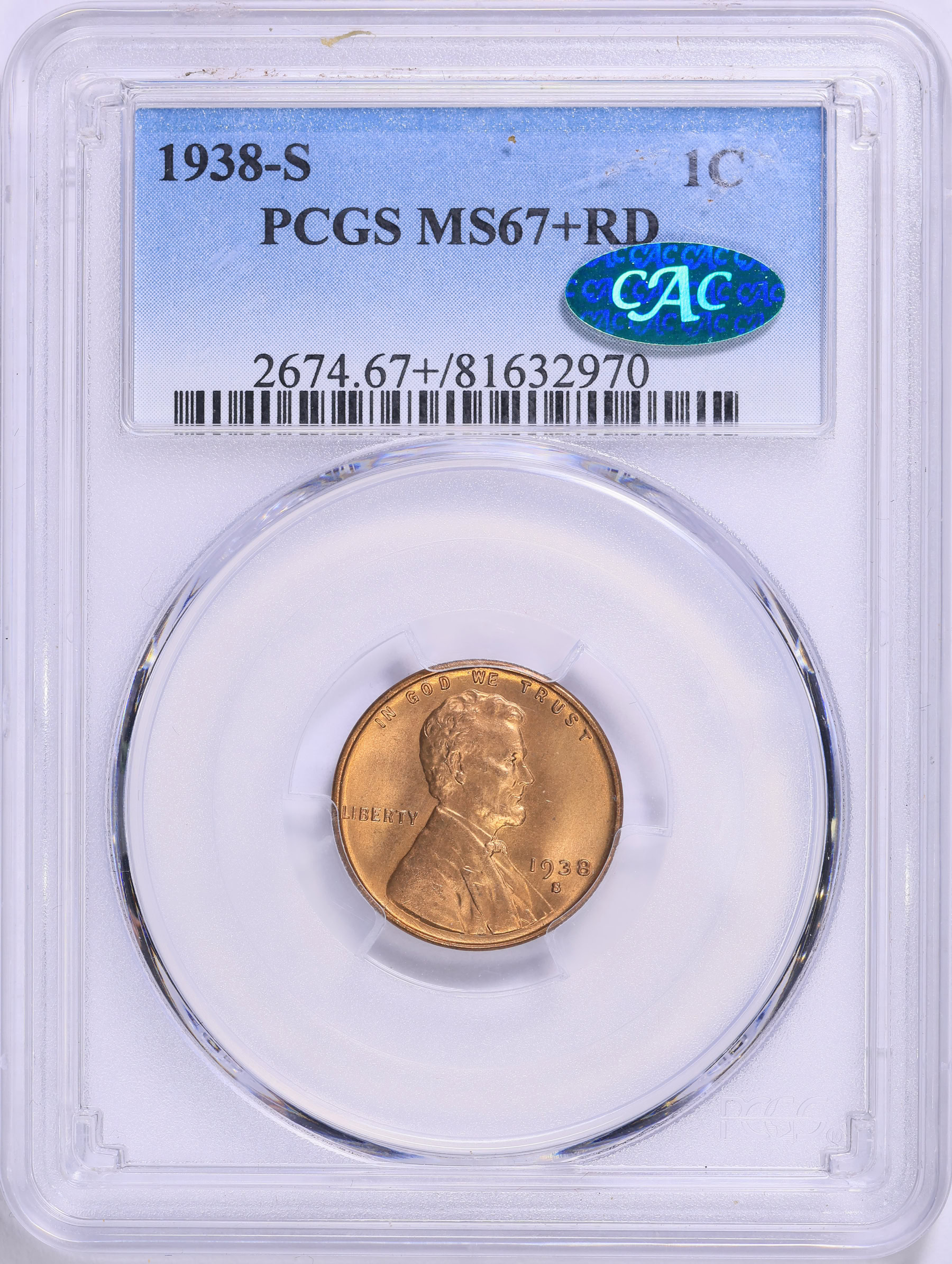 1938-S Lincoln Cent PCGS MS-67+ RD (CAC Green) (Item 1799893) | GreatCollections Coin Auctions