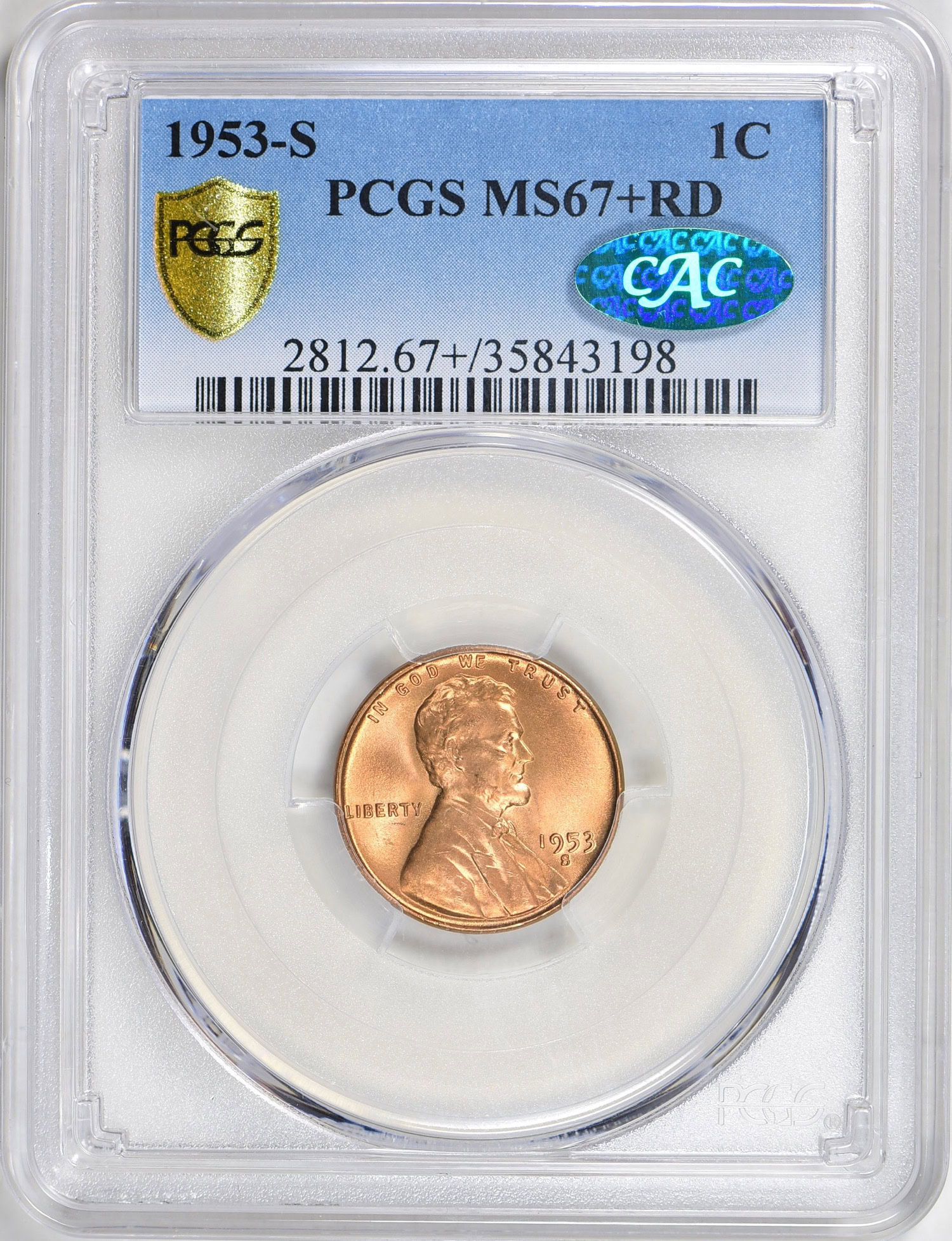 1953-S Lincoln Cent PCGS MS-67+ RD (CAC Green) (Item 1799896) | GreatCollections Coin Auctions