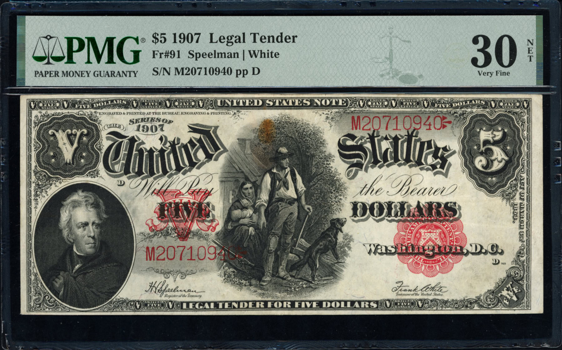Fr. 91 1907 $5 Legal Tender Note Speelman / White PMG Very Fine 30 Net ...