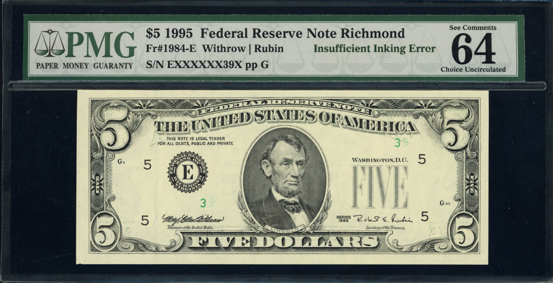 Fr. 1984-E 1995 $5 Richmond Federal Reserve Error Note Insufficient ...