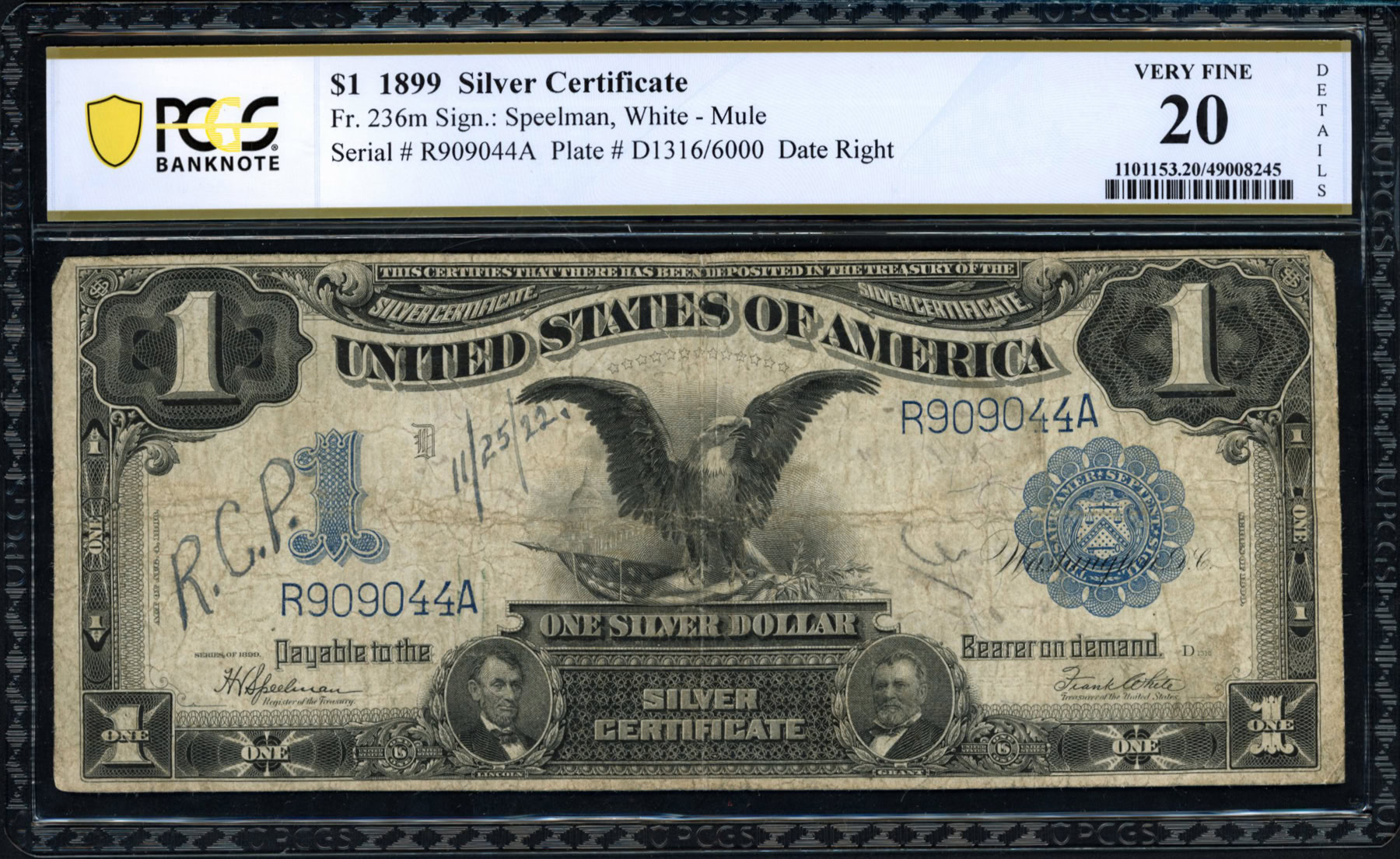 Fr. 236m 1899 $1 Silver Certificate Mule Note Speelman / White PCGS ...