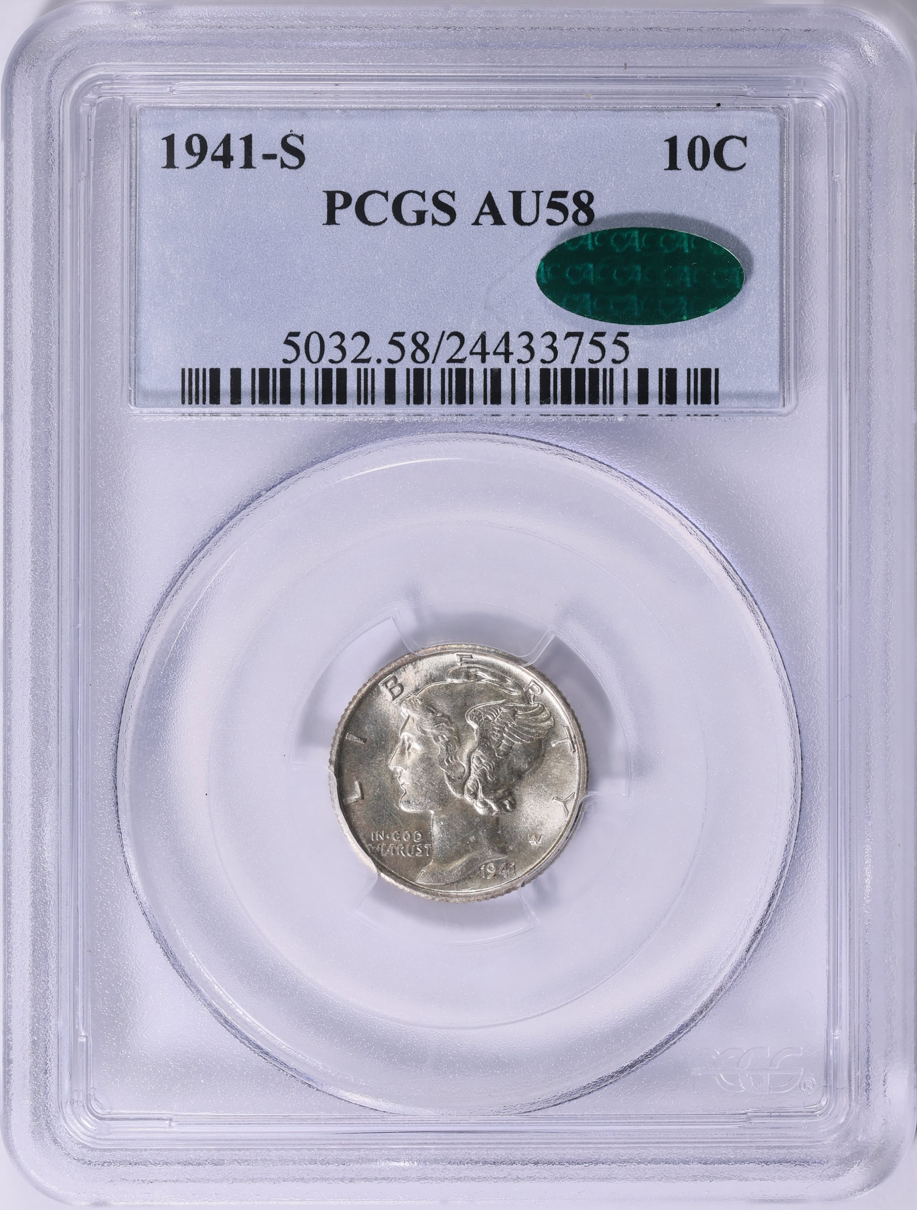 1941-S Mercury Dime PCGS AU-58 (CAC Green) (Item 1800180) | GreatCollections Coin Auctions